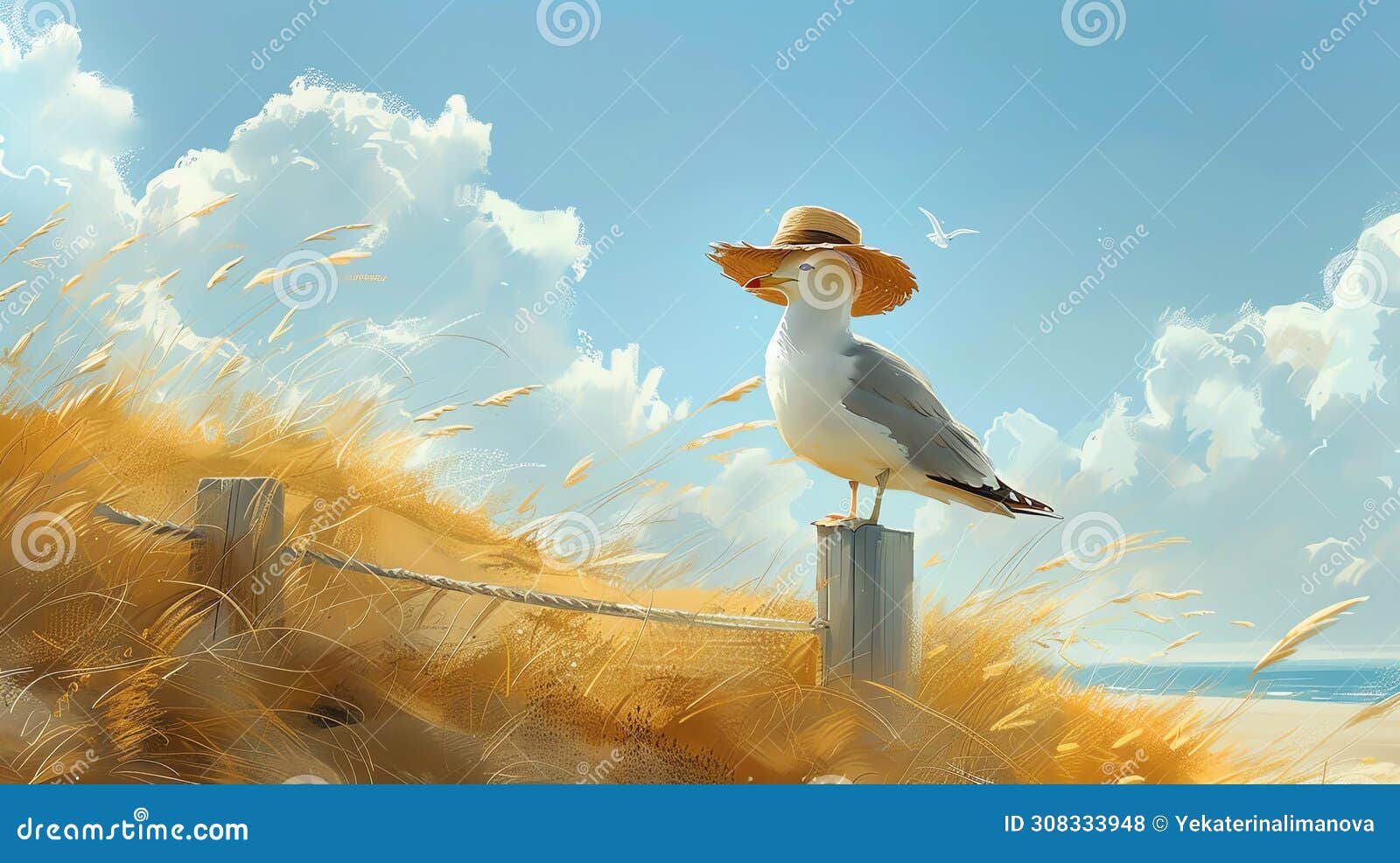 Cute Seagull Wearing Staw Hat. Stock Illustration - Illustration of ...