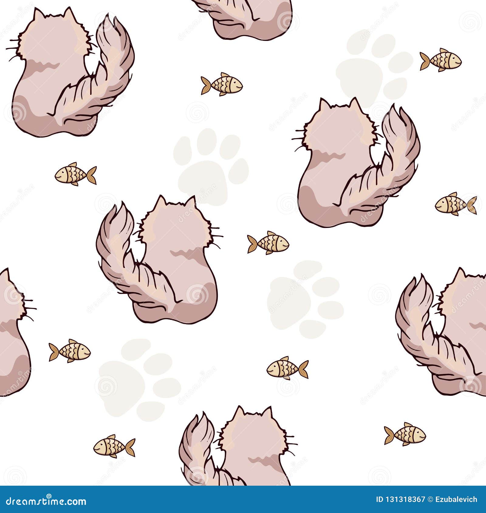 Cute Seamless Background with Cat and Fishes. Stock Illustration ...