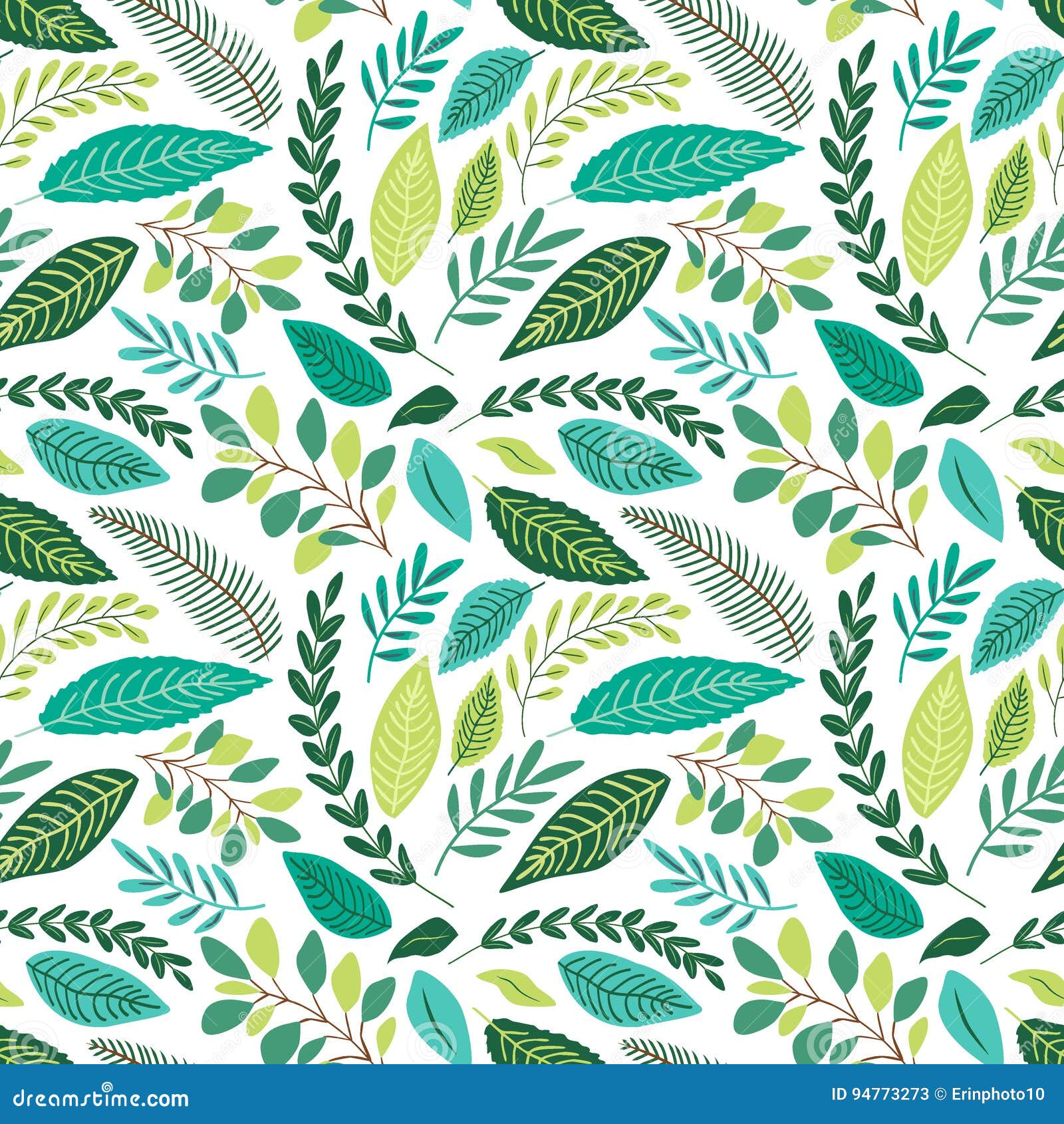 Cute Seamless Botanical Pattern with Hand Drawn Green Leaves Stock ...