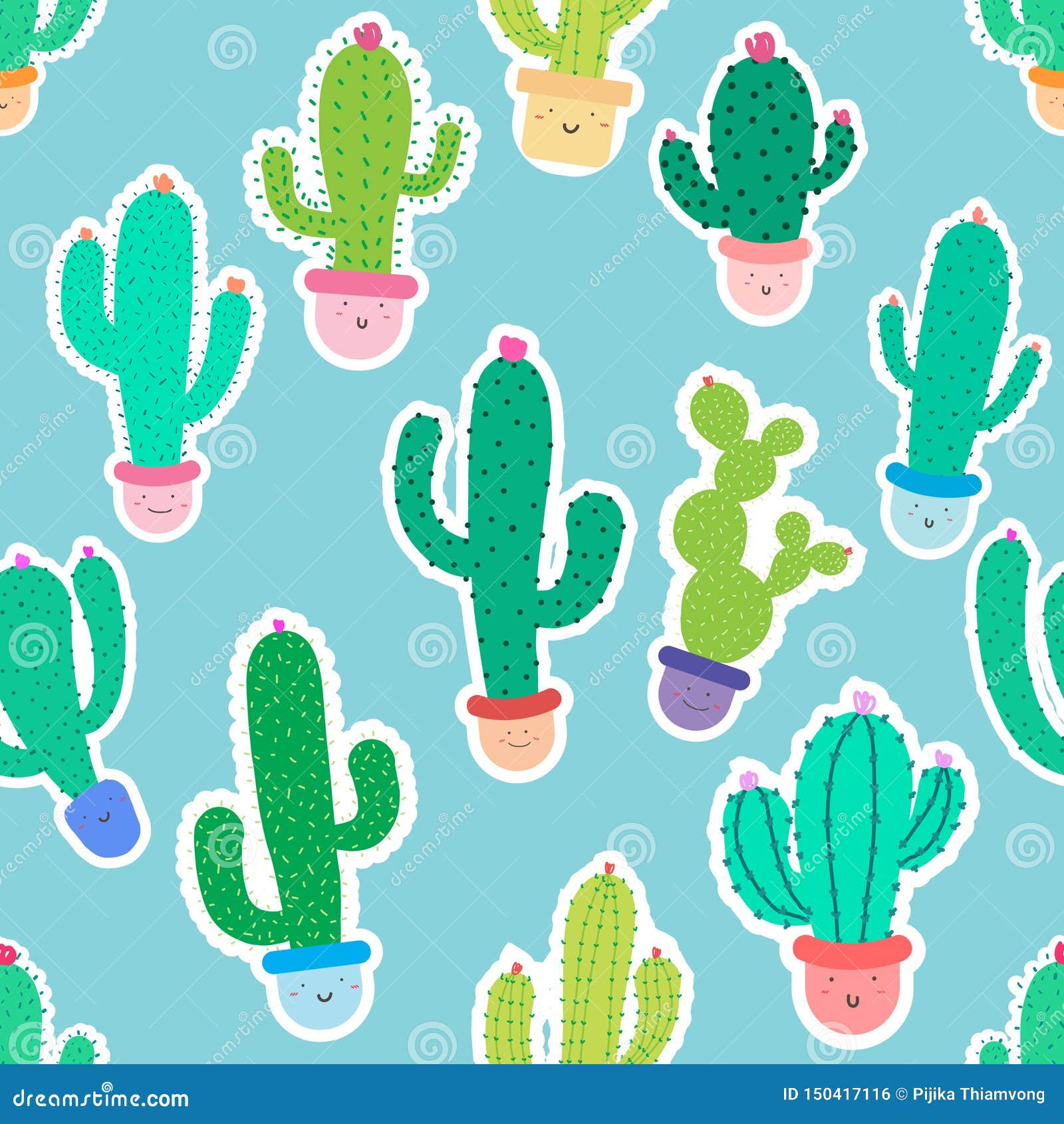 Cute Seamless Cactus Pattern Background. Stock Vector - Illustration of ...