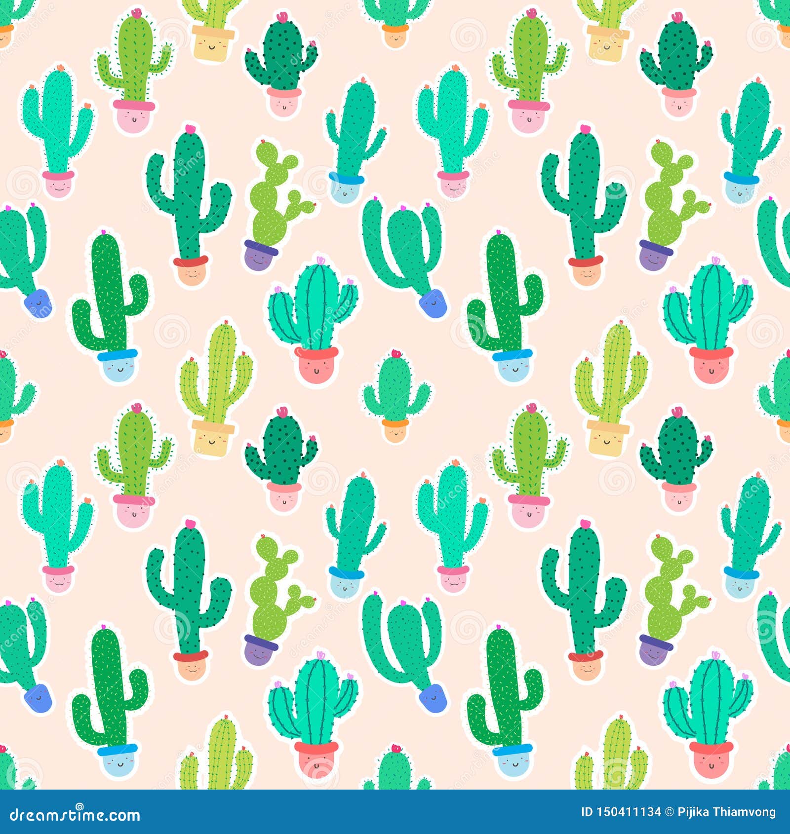 Cute Seamless Cactus Pattern Background. Stock Vector - Illustration of ...