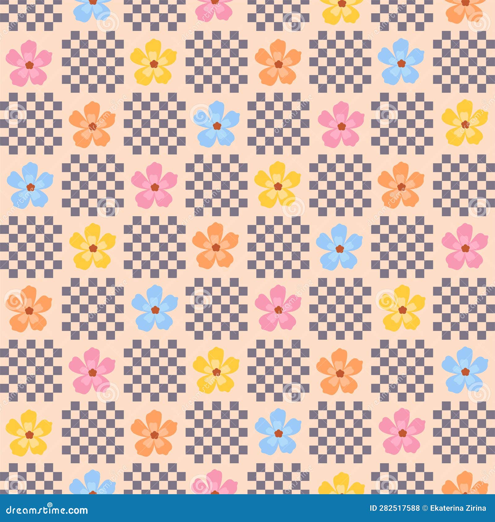 Cute Seamless Checkered Pattern with Colorful Flowers. Vector Graphics ...