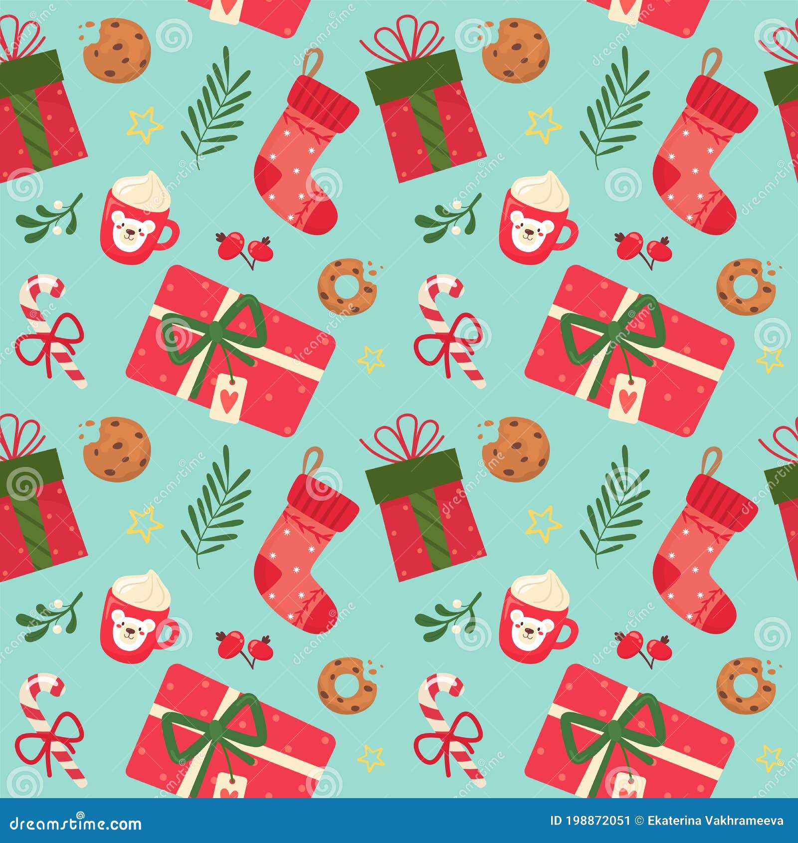 Cute Seamless Christmas Pattern with Seasonal Elements. Vector ...