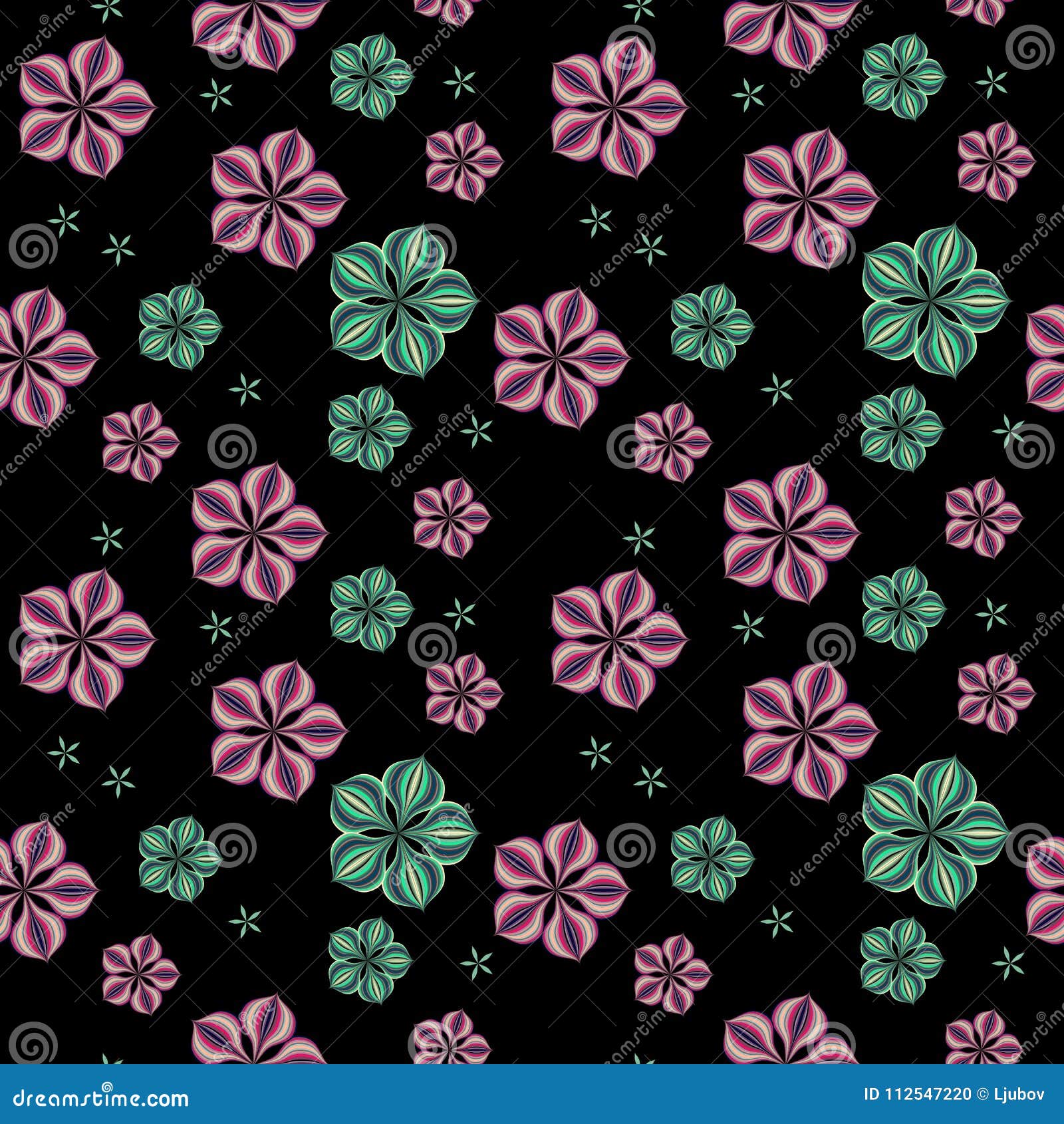 Cute Seamless Floral Pattern on Black Background. Vector Stock Vector ...