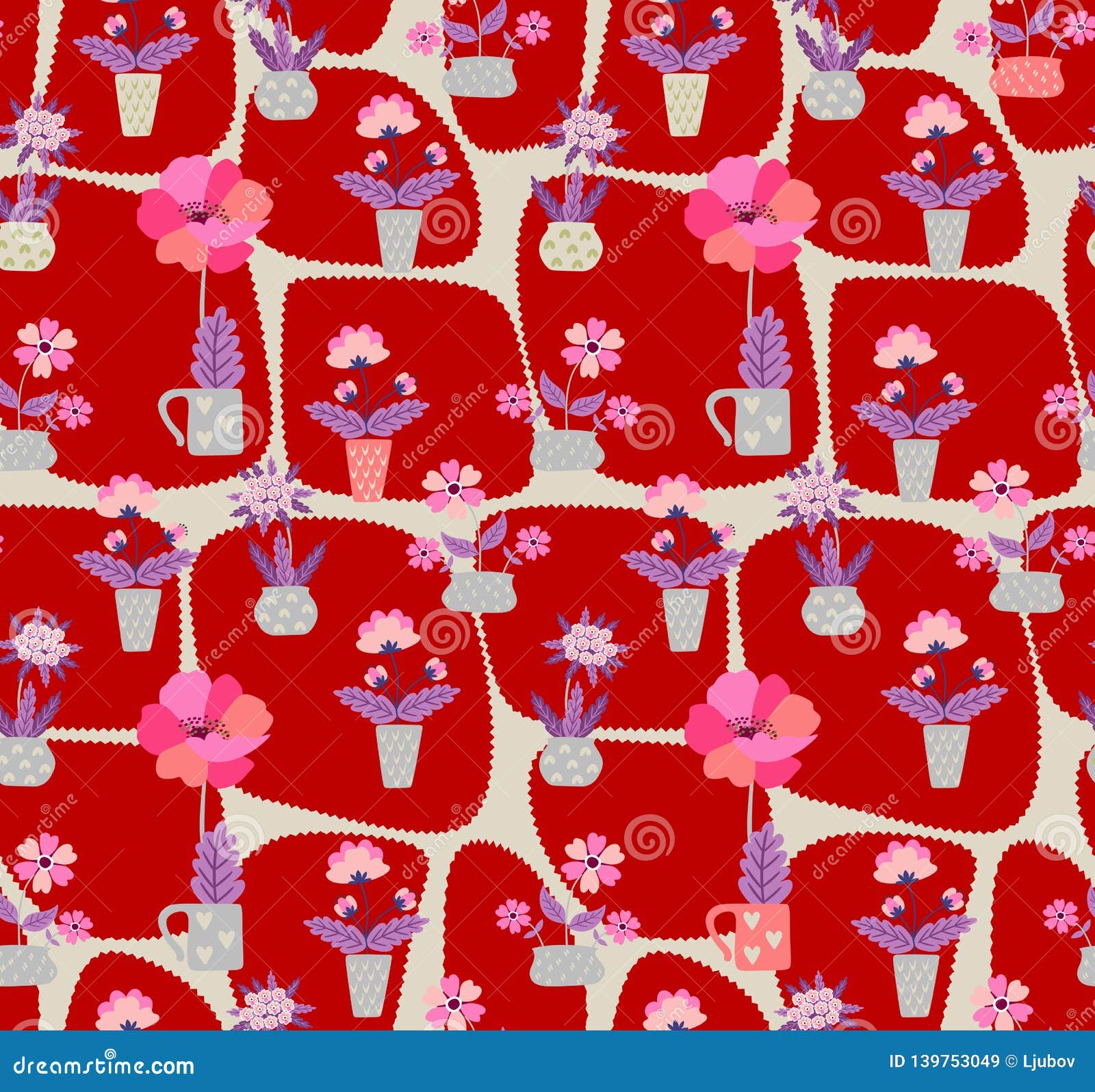Cute Seamless Floral Pattern with Homeplants in Funny Flowerpots on Red ...