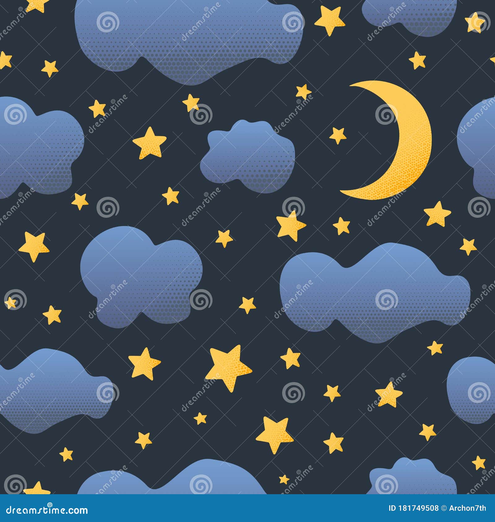 Cute Seamless Night Sky Pattern with Cartoon Clouds. Vector ...