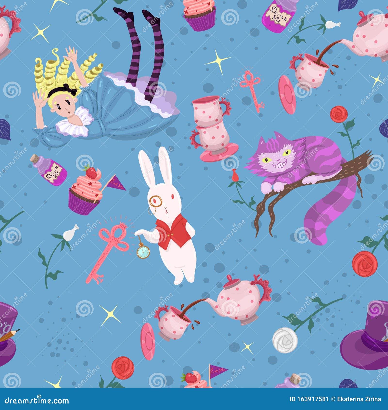 Cute Seamless Pattern Alice in Wonderland. Vector Graphics Stock ...