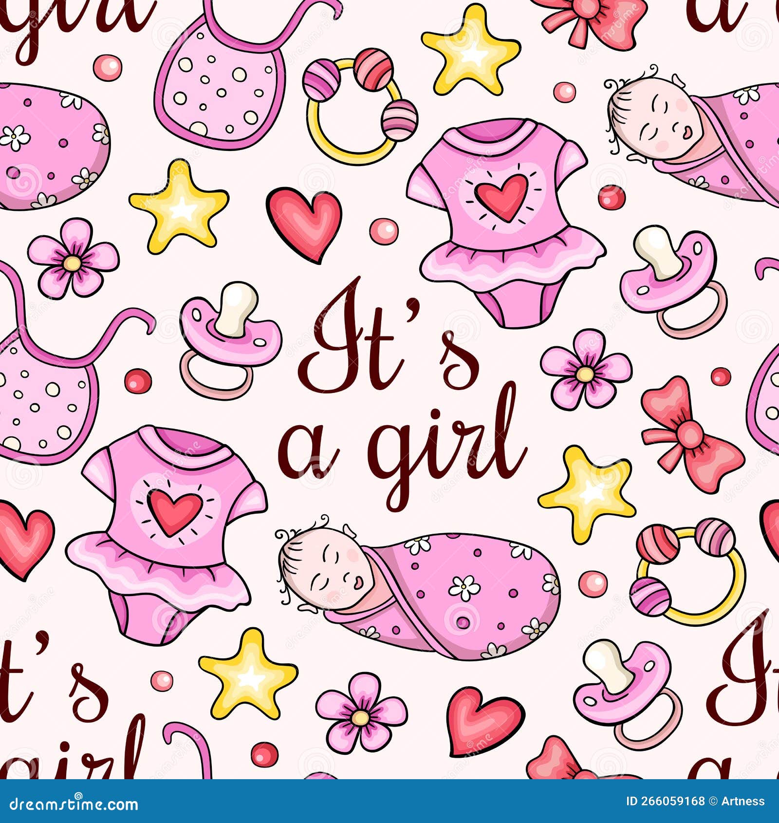Cute Seamless Pattern with Baby Girl and Accessory Stock Vector ...