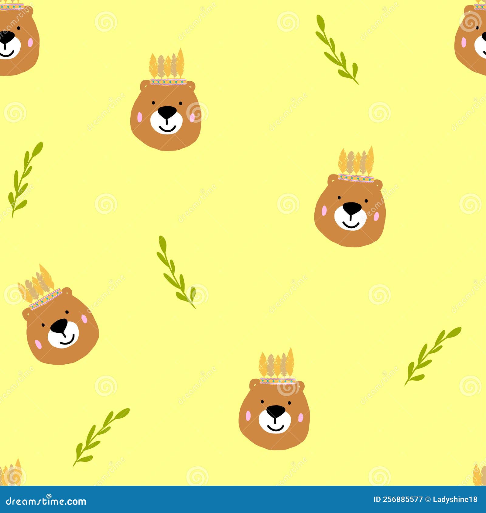 Cute Seamless Pattern with Bear in Feather Crown and Abstract Elements ...
