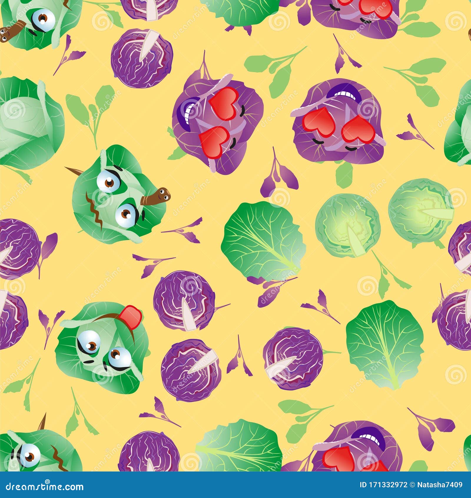 Cute Seamless Pattern with Cartoon Emoji Cabbage Stock Vector ...