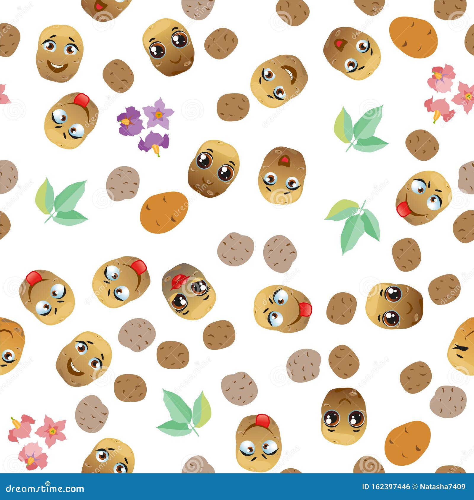 Cute Seamless Pattern with Cartoon Emoji Potatoes Stock Vector ...