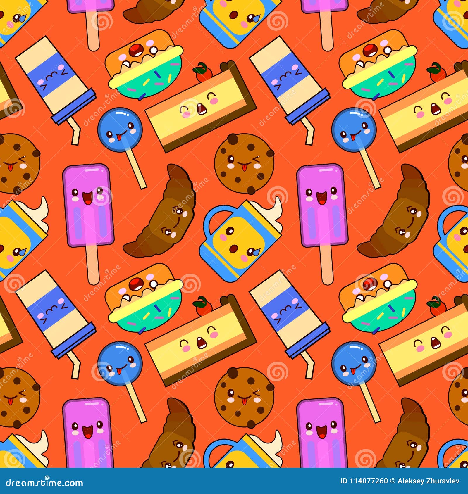 Cute Seamless Pattern with Cartoon Food Decoration, Emoji, Dessert and ... Cute Seamless Pattern with Cartoon Food Decoration, Emoji, Dessert and ...