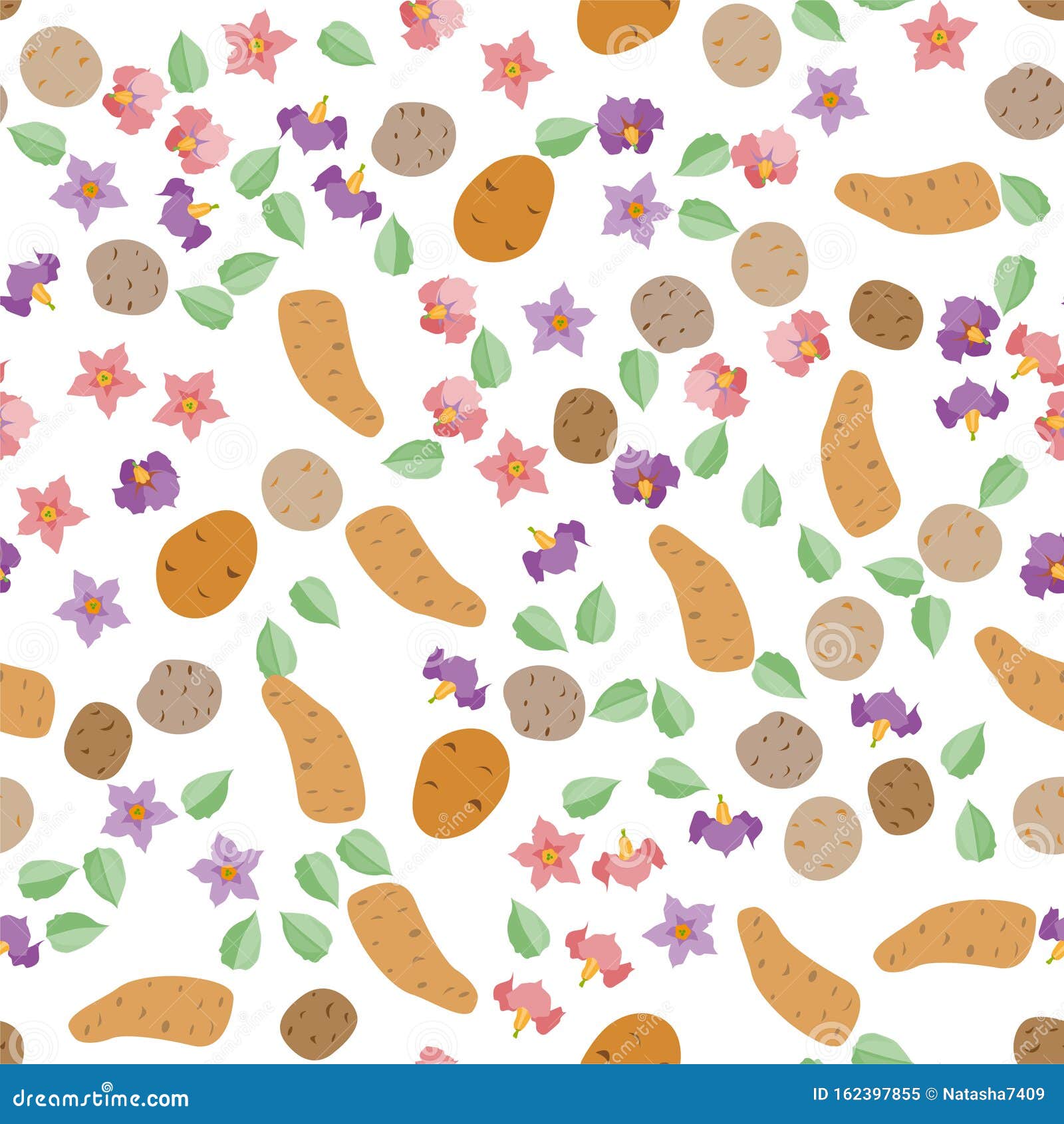 Cute Seamless Pattern with Cartoon Potatoes and Flowers Stock Vector ...