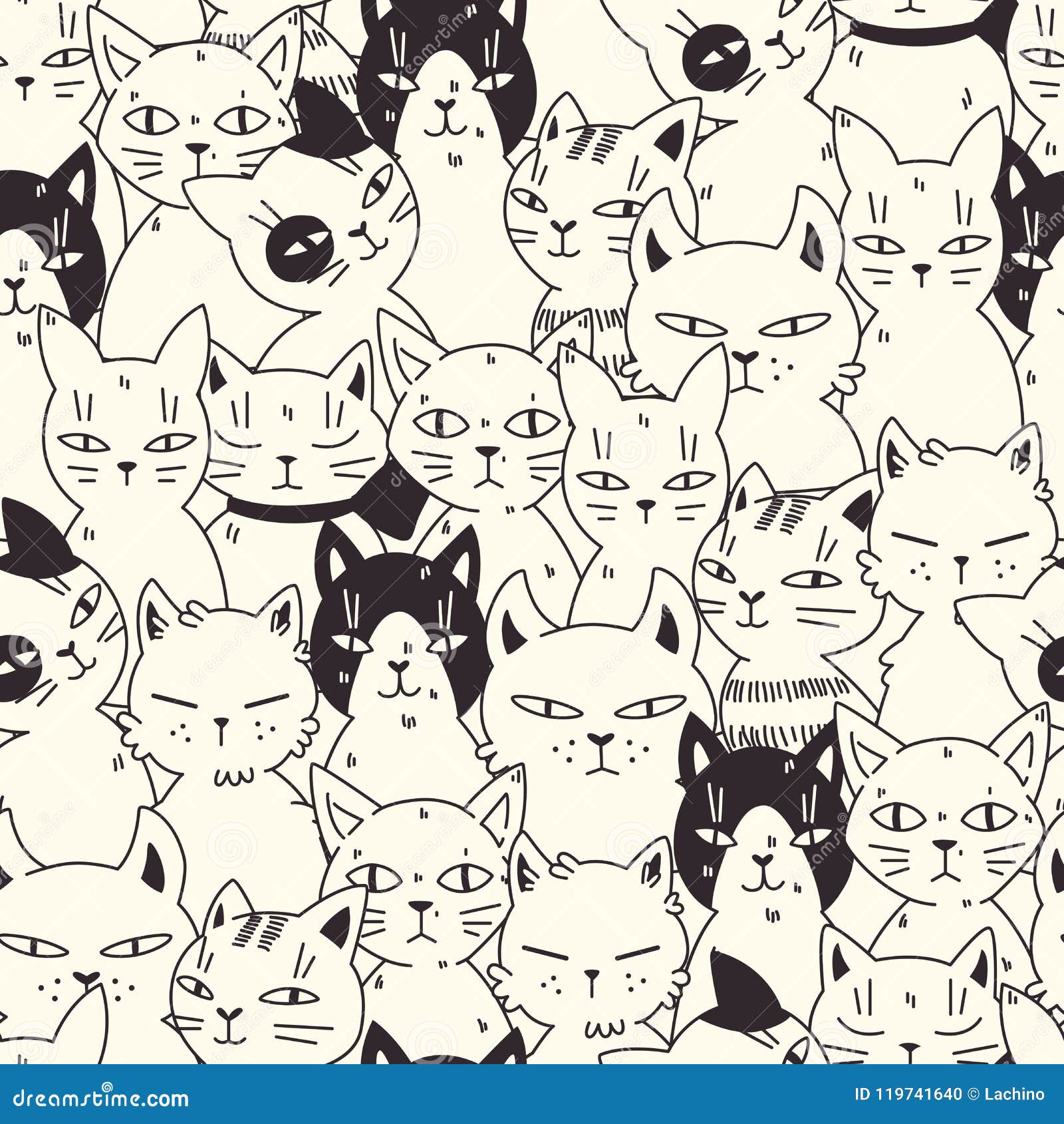 Doodle Hand Drawn Cats Seamless Pattern. Stock Vector - Illustration of ...