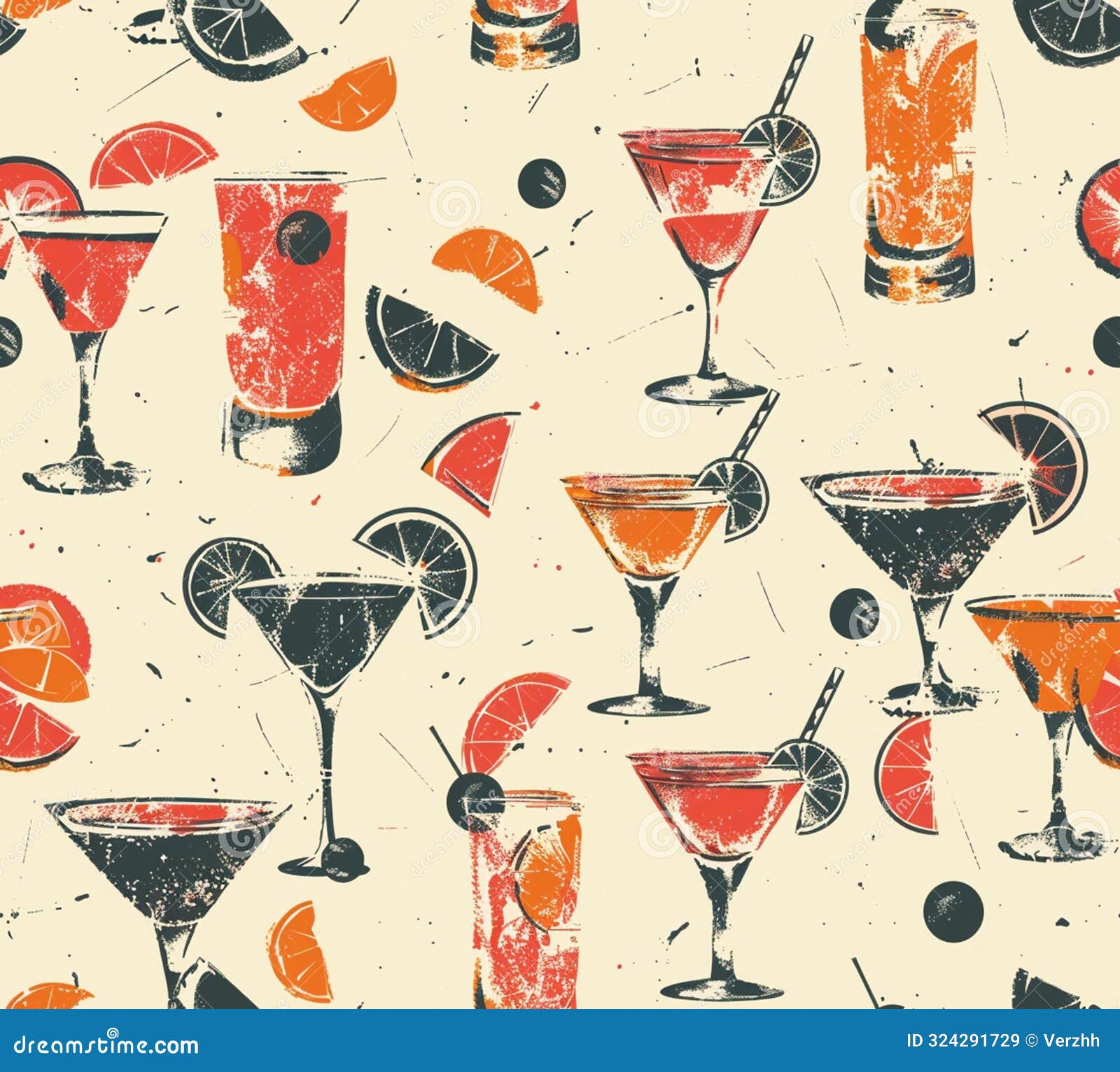 Cute Seamless Pattern Cocktail, Vintage, Retro 9 Stock Illustration ...