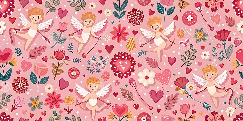 Cute Seamless Pattern with Cupids, Flowers, Hearts and Flowers Stock ...