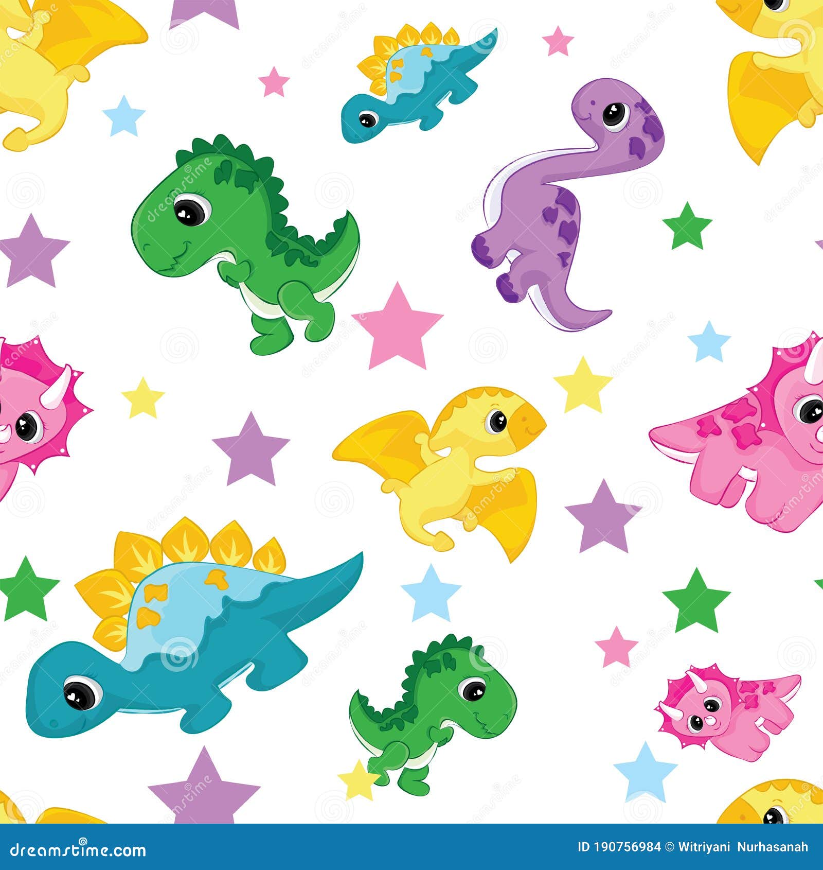 Cute Seamless Pattern Dinosaurs. Vector Illustration - White Background ...