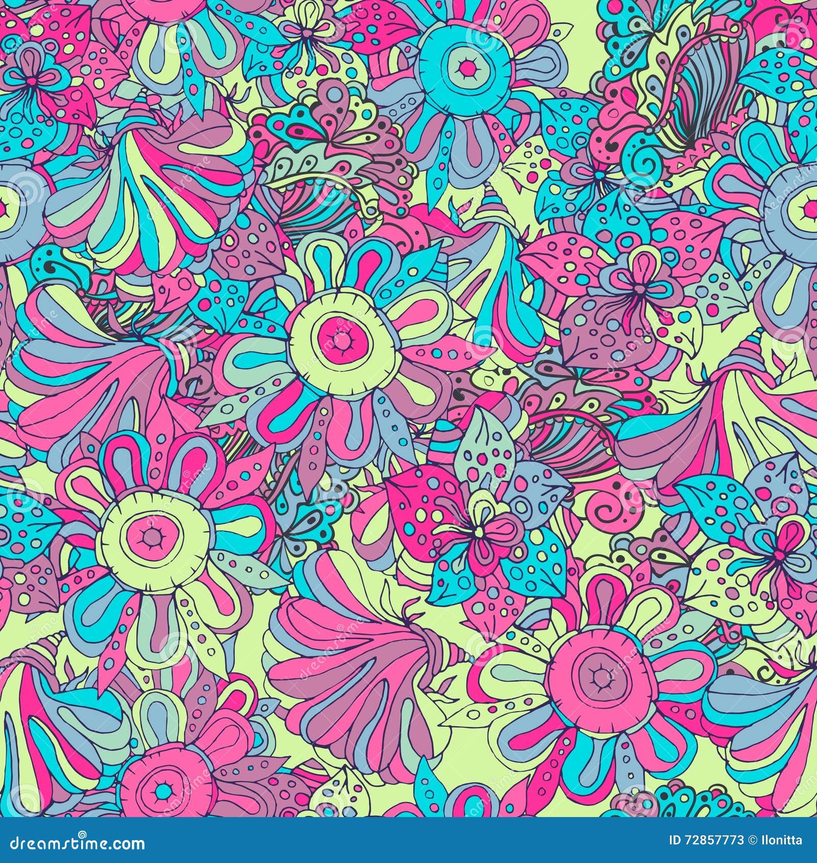 Cute Seamless Pattern with Doodle Multicolor Flowers for Fabric Textile ...