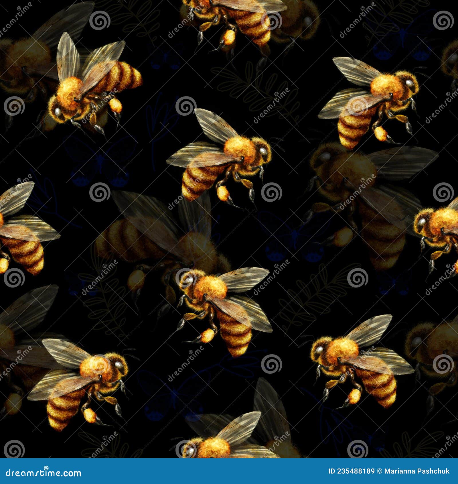 Cute Seamless Pattern with Flying Bees. Digital Art Illustration Stock ...