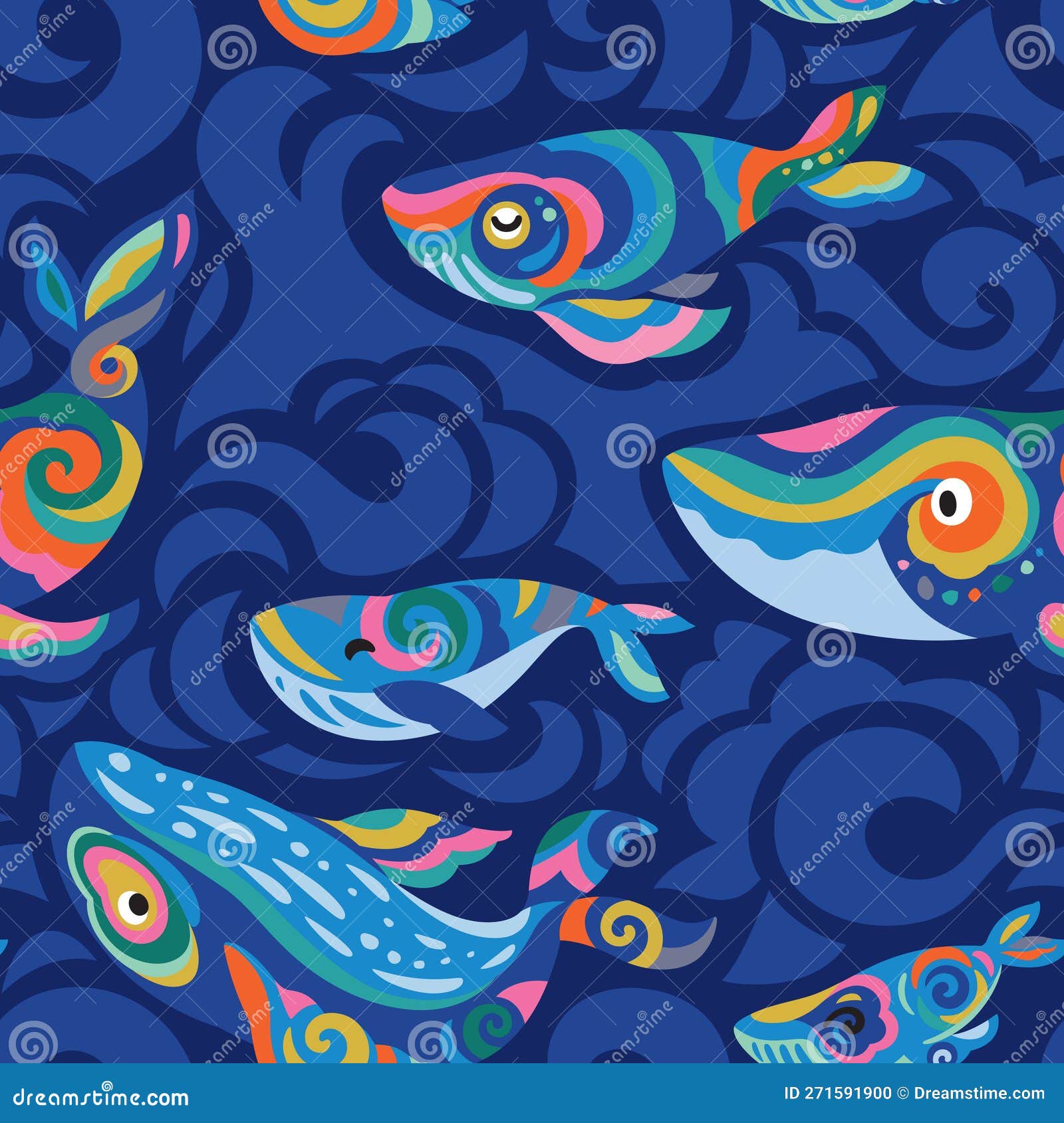 Cute Seamless Pattern with Folk Rainbow Whales and Blue Waves Stock ...