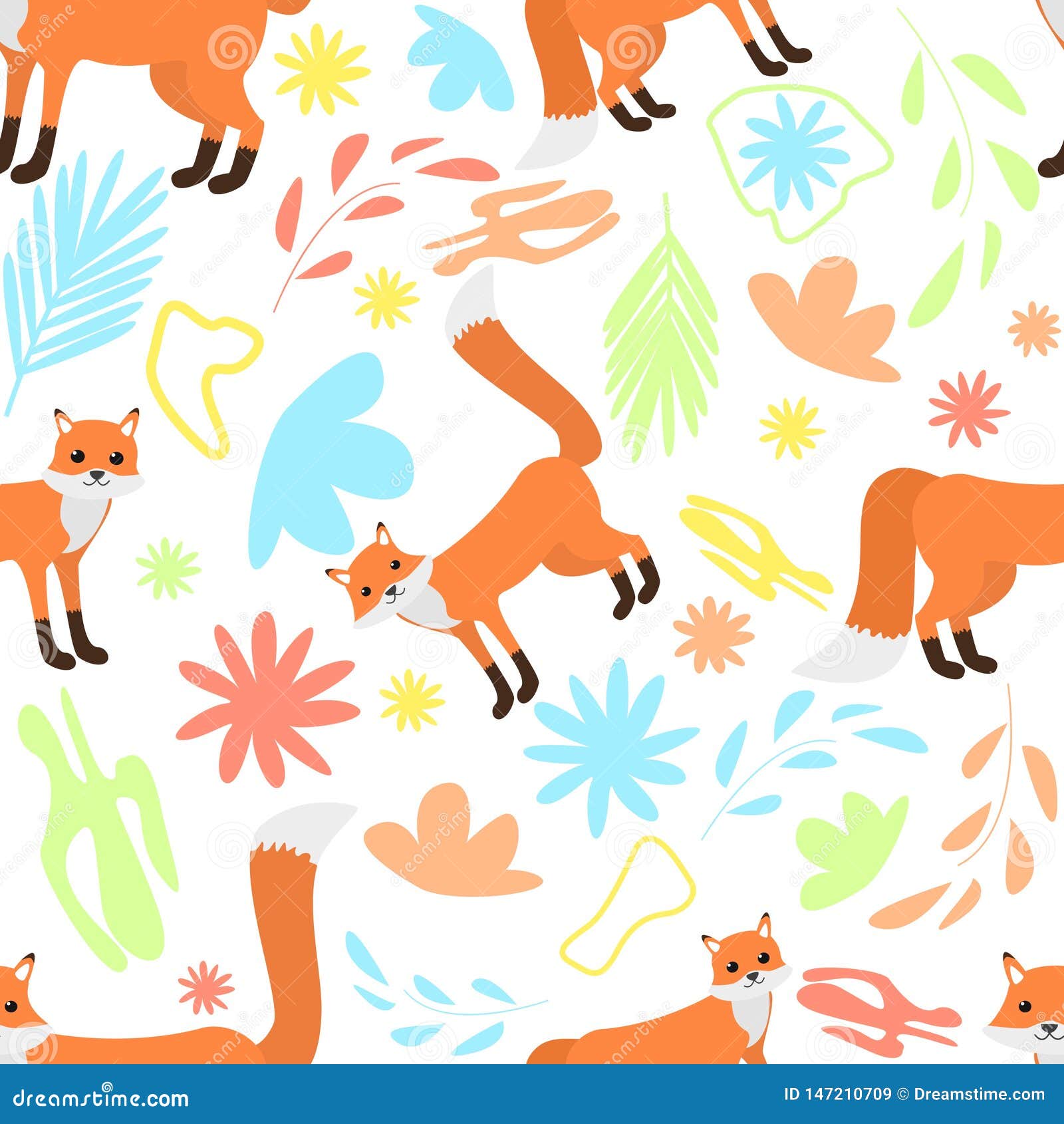 Cute Seamless Pattern of Foxes on Abstract Floral Background Vector ...