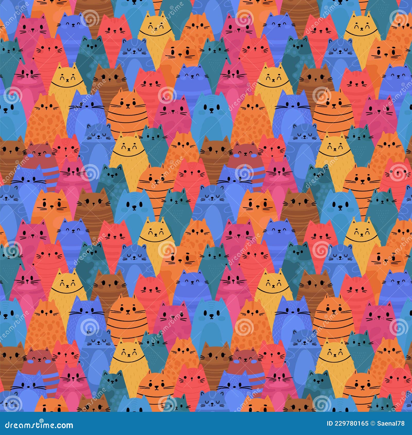 Cute Seamless Pattern with Funny Cats and Kittens. Doodle Characters of ...