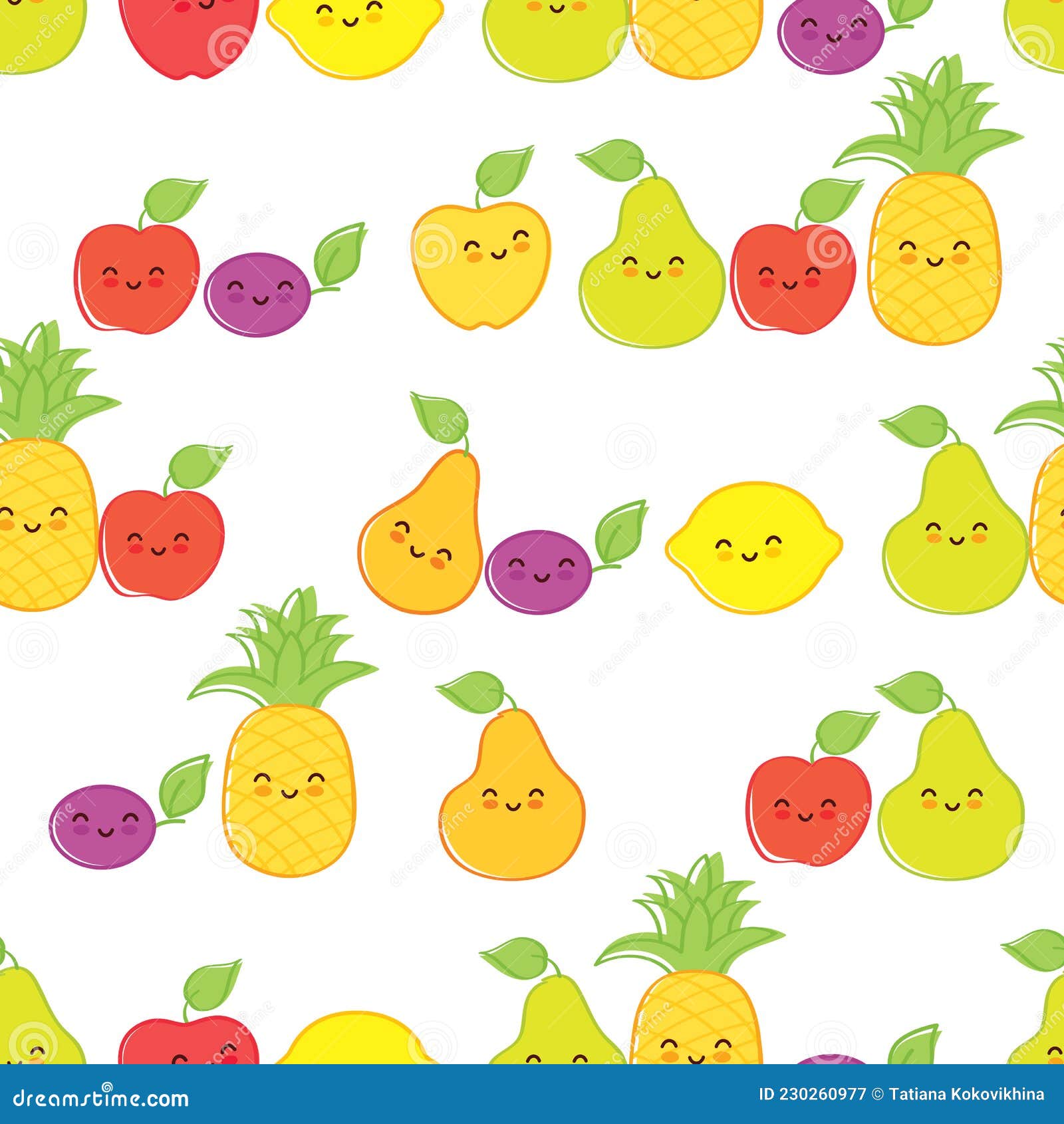 Cute Seamless Pattern with Funny Fruits Stock Vector - Illustration of ...