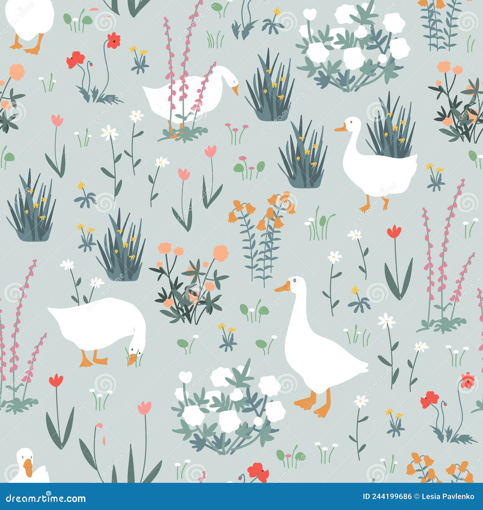 Cute Seamless Pattern with Goose and Doodle Flowers. Geese in the ...