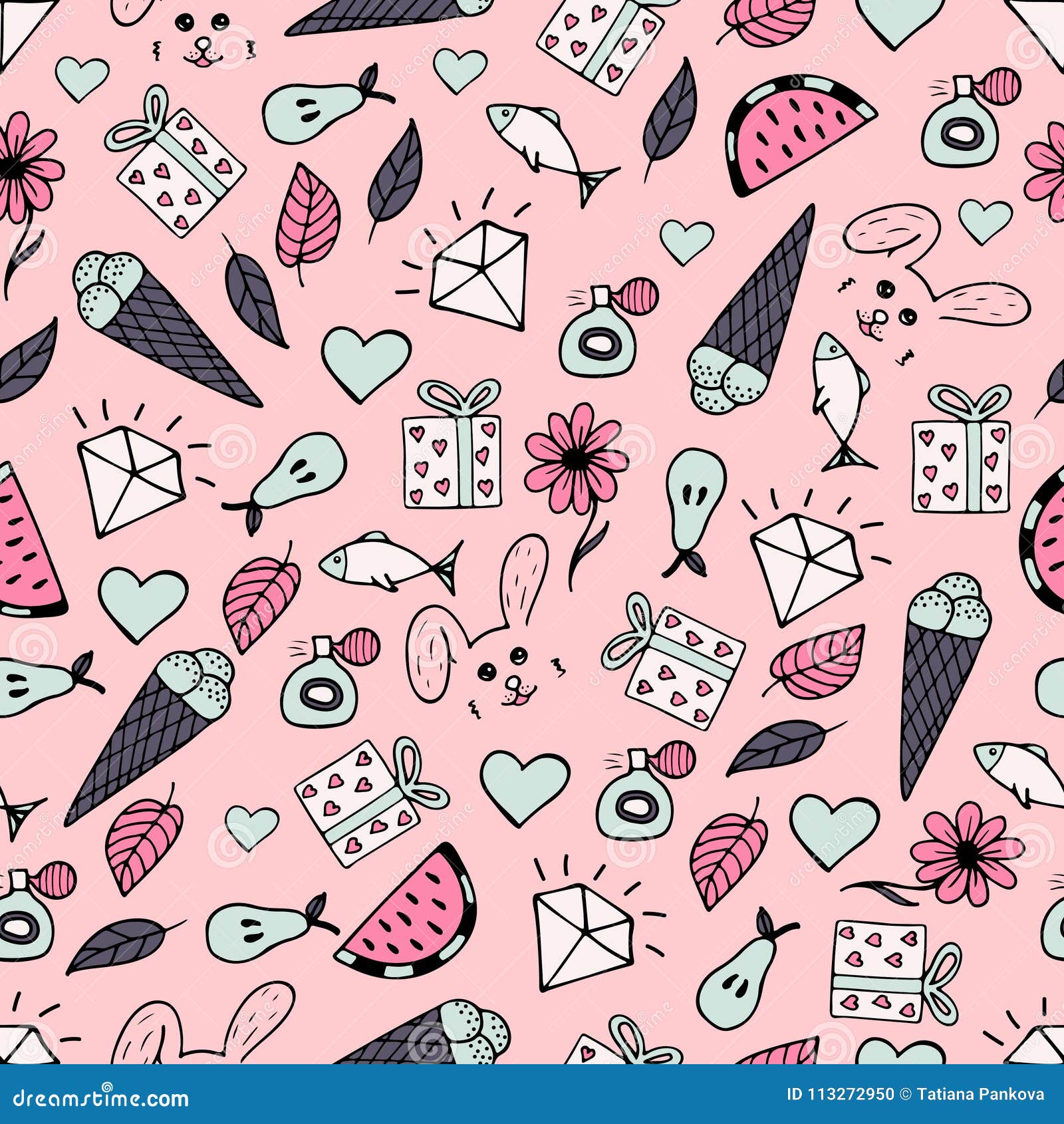 Cute Seamless Pattern with Hand-drawn Illustrations. Doodles Stock ...