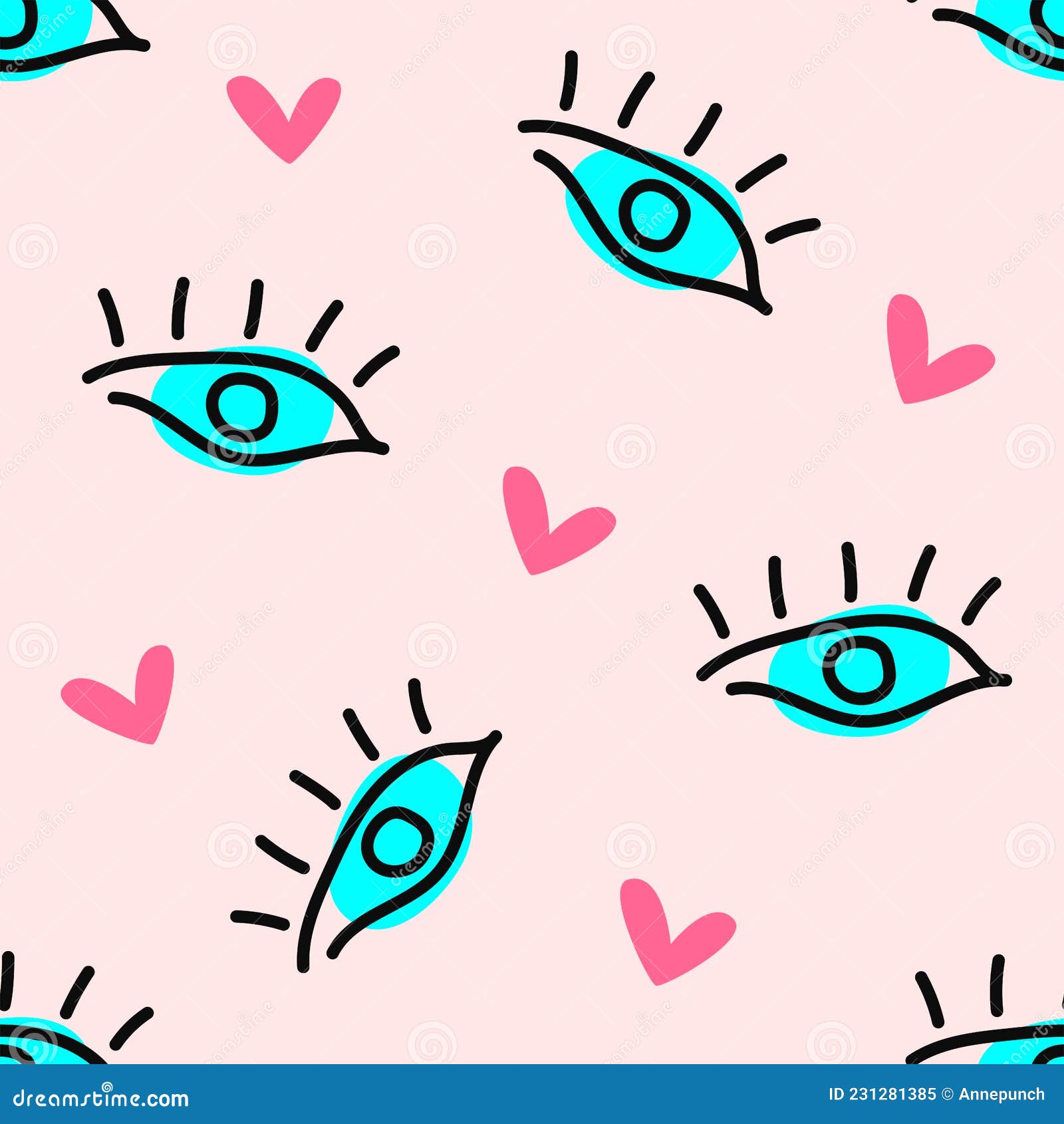 Cute Seamless Pattern with Hearts and Human Eyes Drawn by Hand. Sketch ...