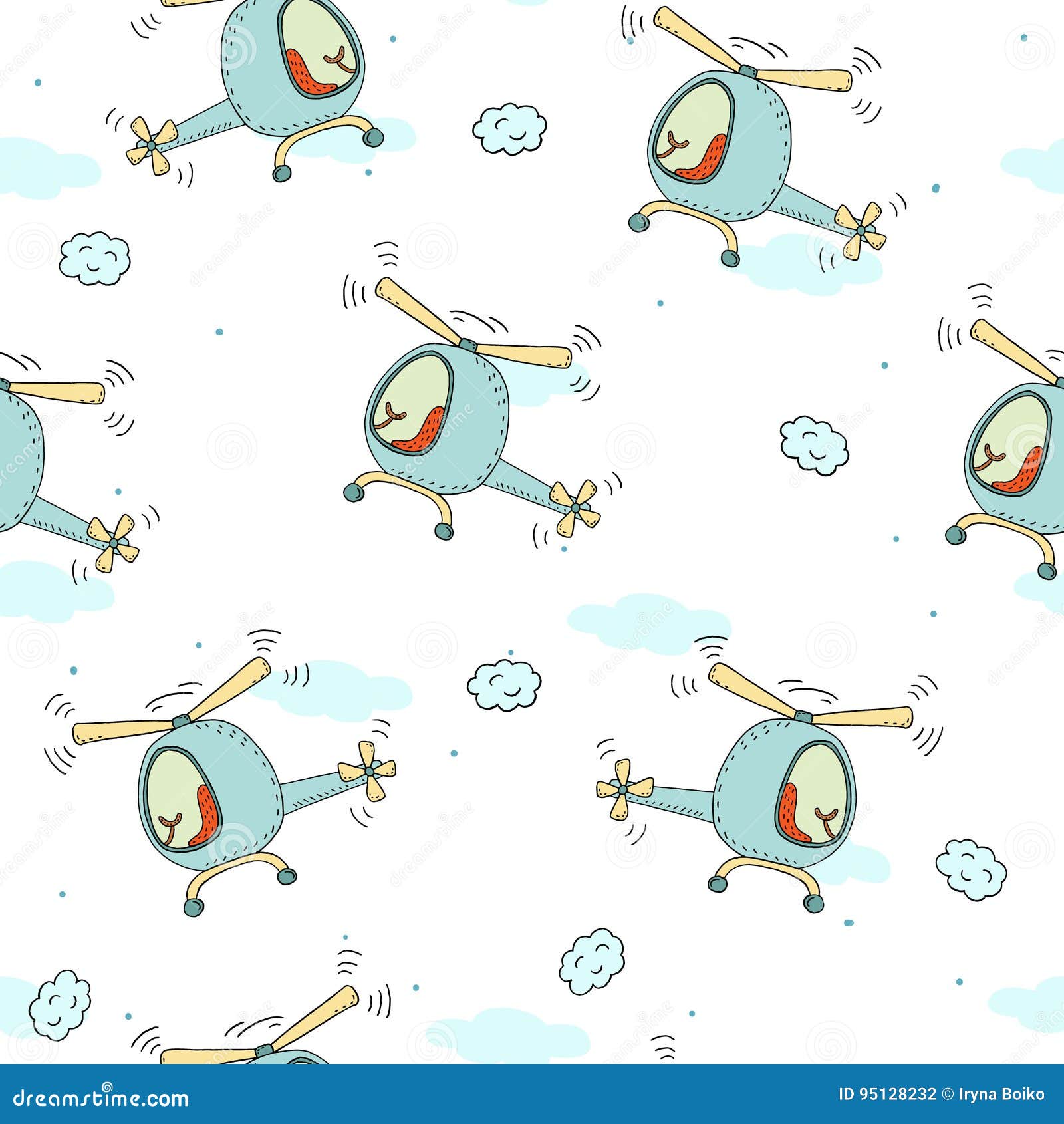 Cute Seamless Pattern with Helicopter Cartoon Hand Drawn Vector ...
