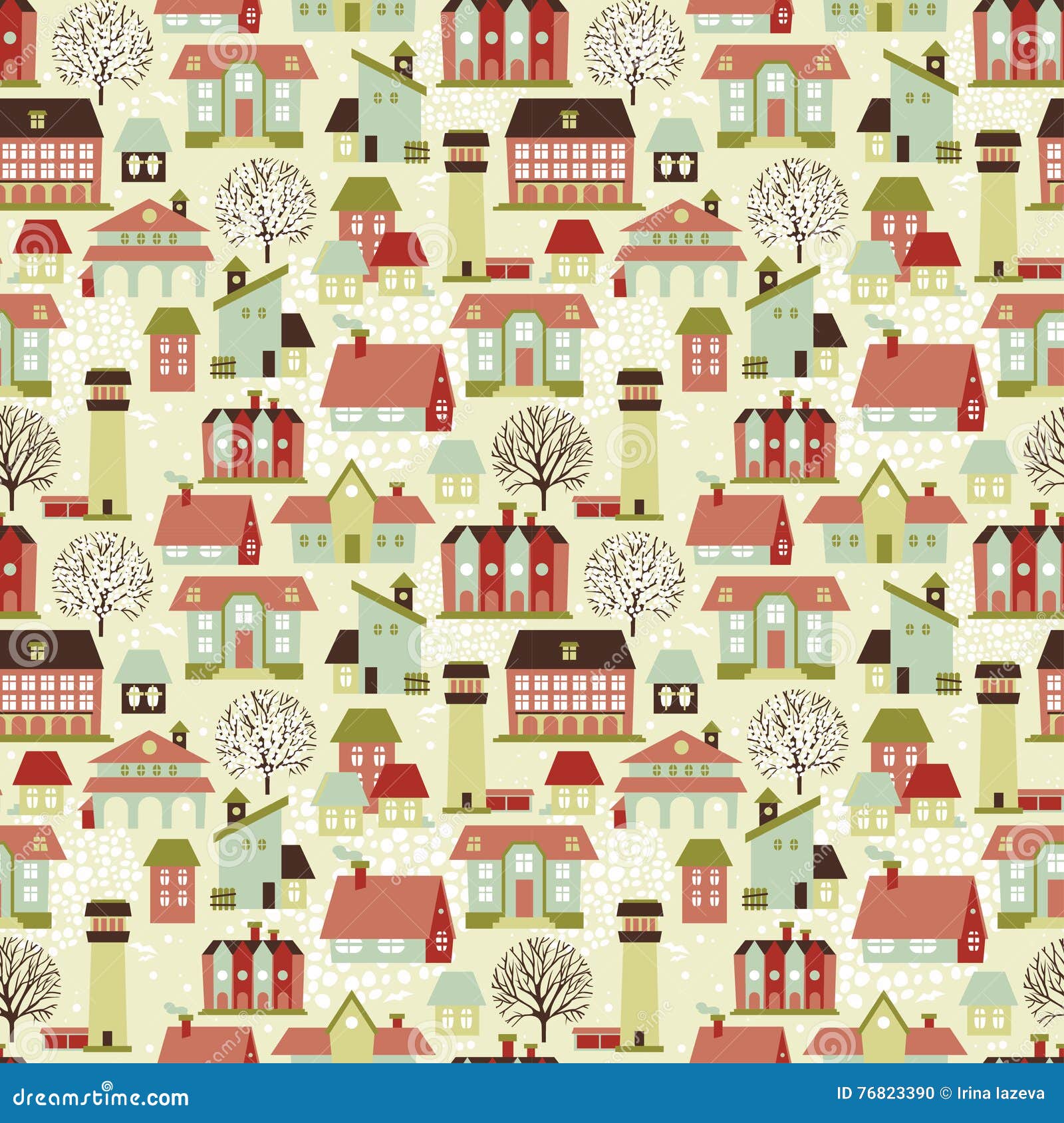 Cute Seamless Pattern with Houses and Trees Stock Vector - Illustration ...