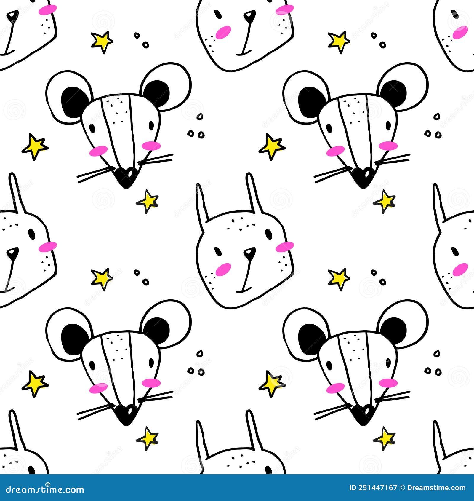 Cute Seamless Pattern with Line Art Style Wild Animals - Adorable Hand ...