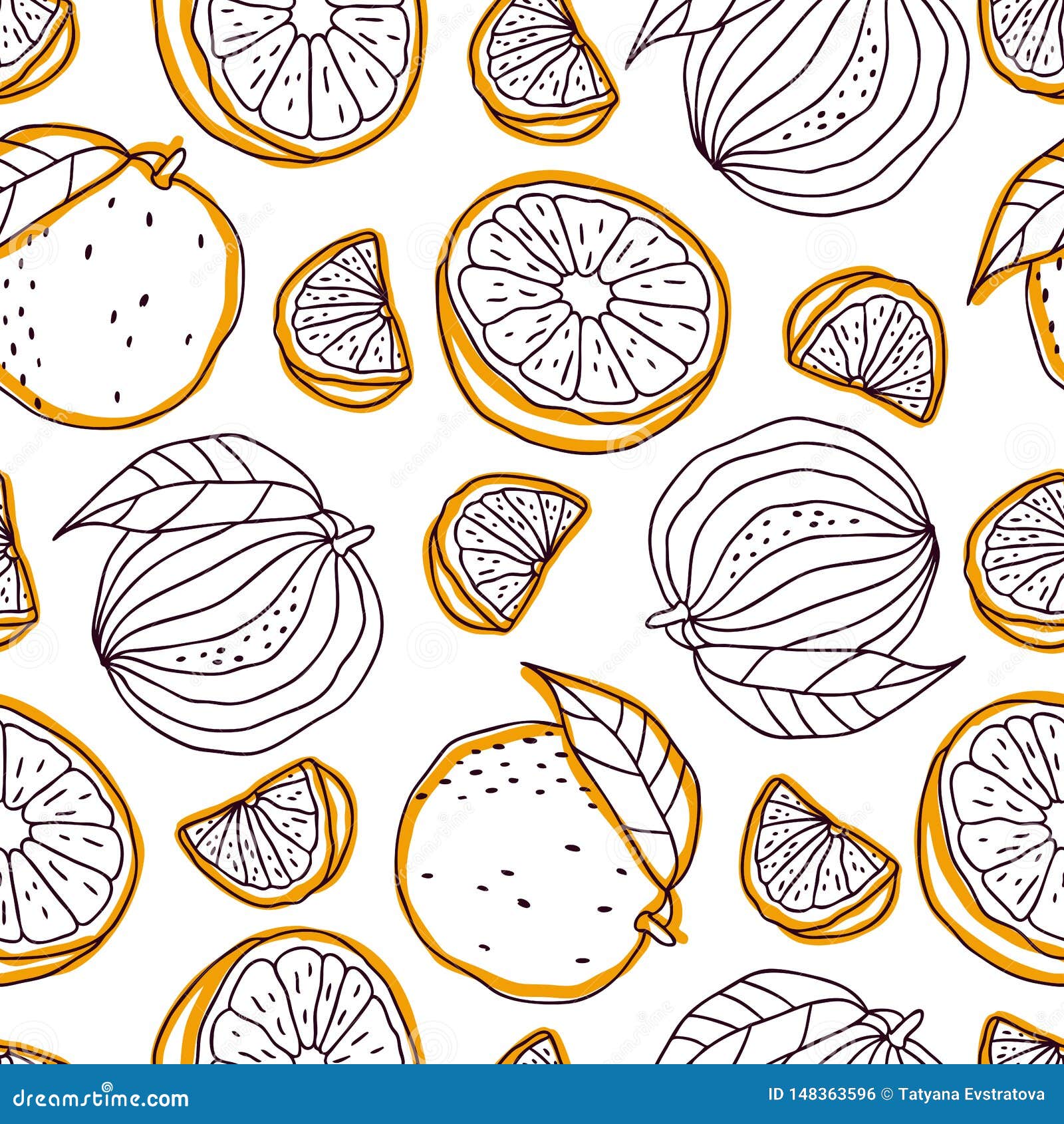 Cute Seamless Pattern with Oranges on a White Background. Sketch with ...