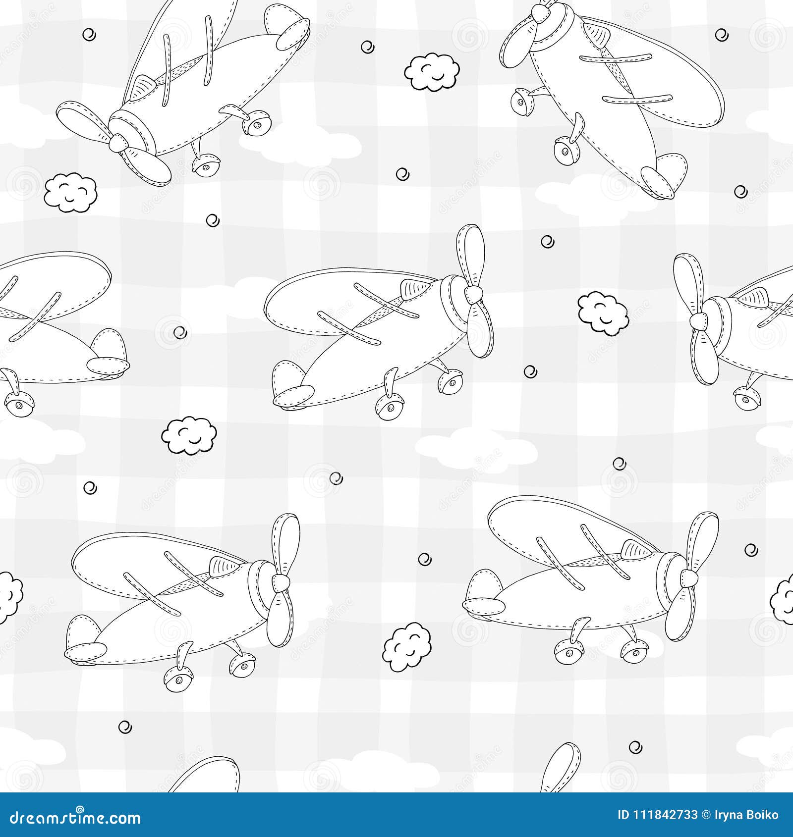 Cute Seamless Pattern with Plane Cartoon Hand Drawn Vector Illustration ...