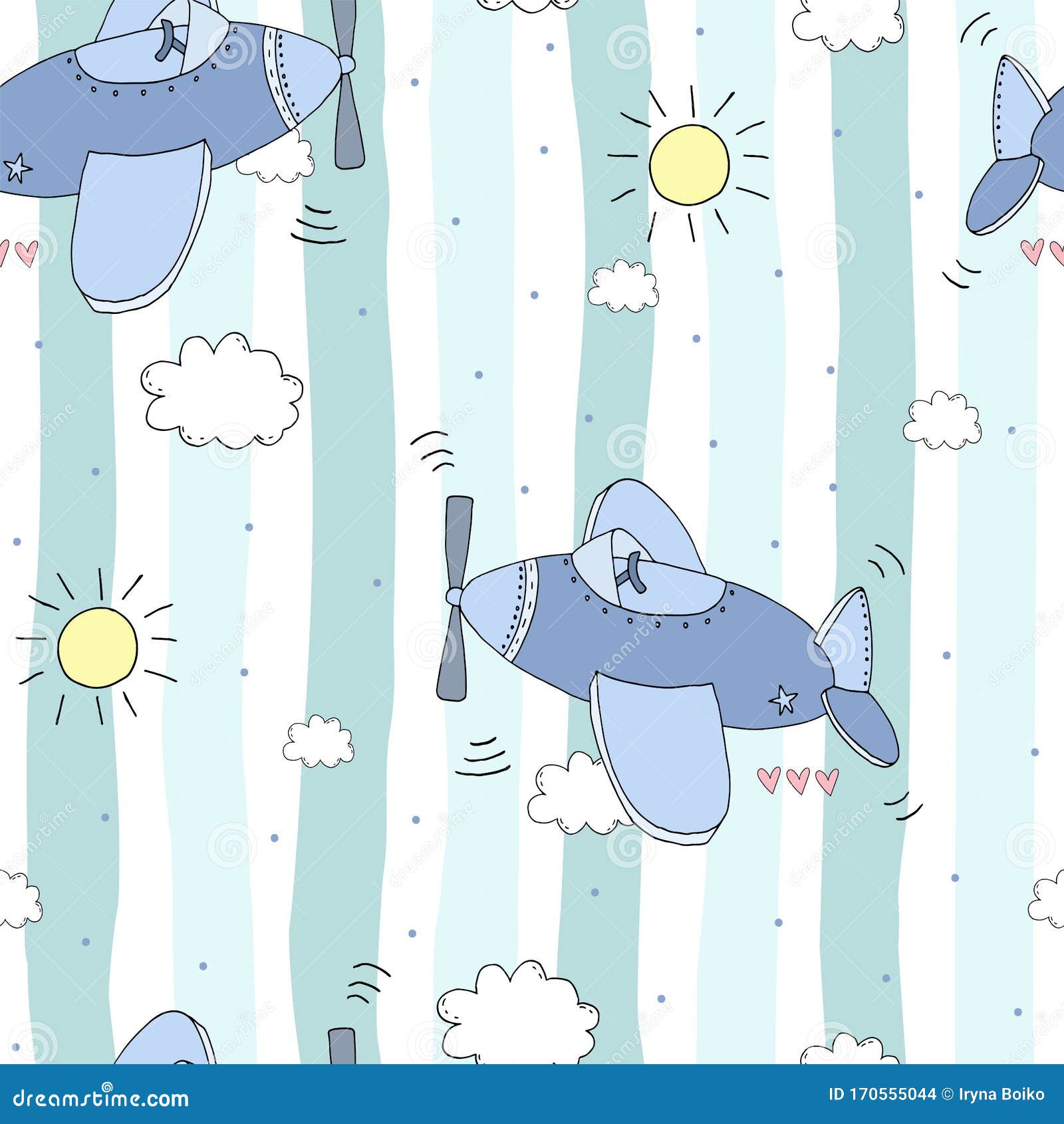 Cute Seamless Pattern with Plane Cartoon Hand Drawn Vector Illustration ...