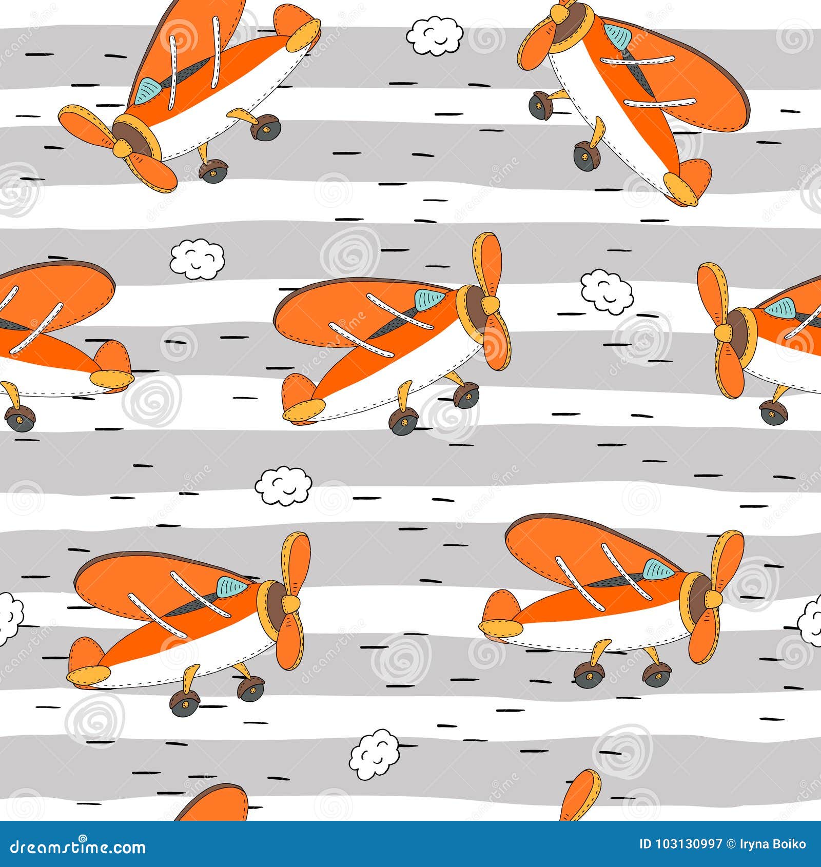 Cute Seamless Pattern with Plane Cartoon Hand Drawn Vector Illustration ...