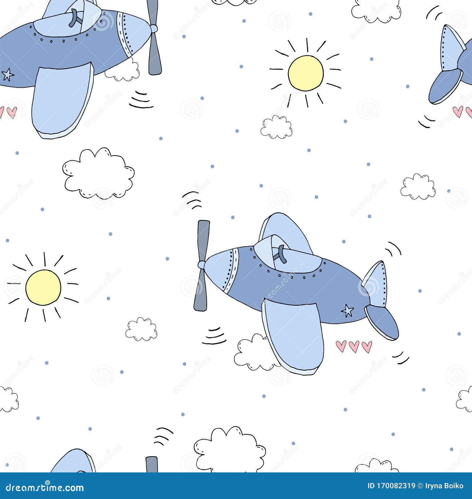 Cute Seamless Pattern with Plane Cartoon Hand Drawn Vector Illustration ...