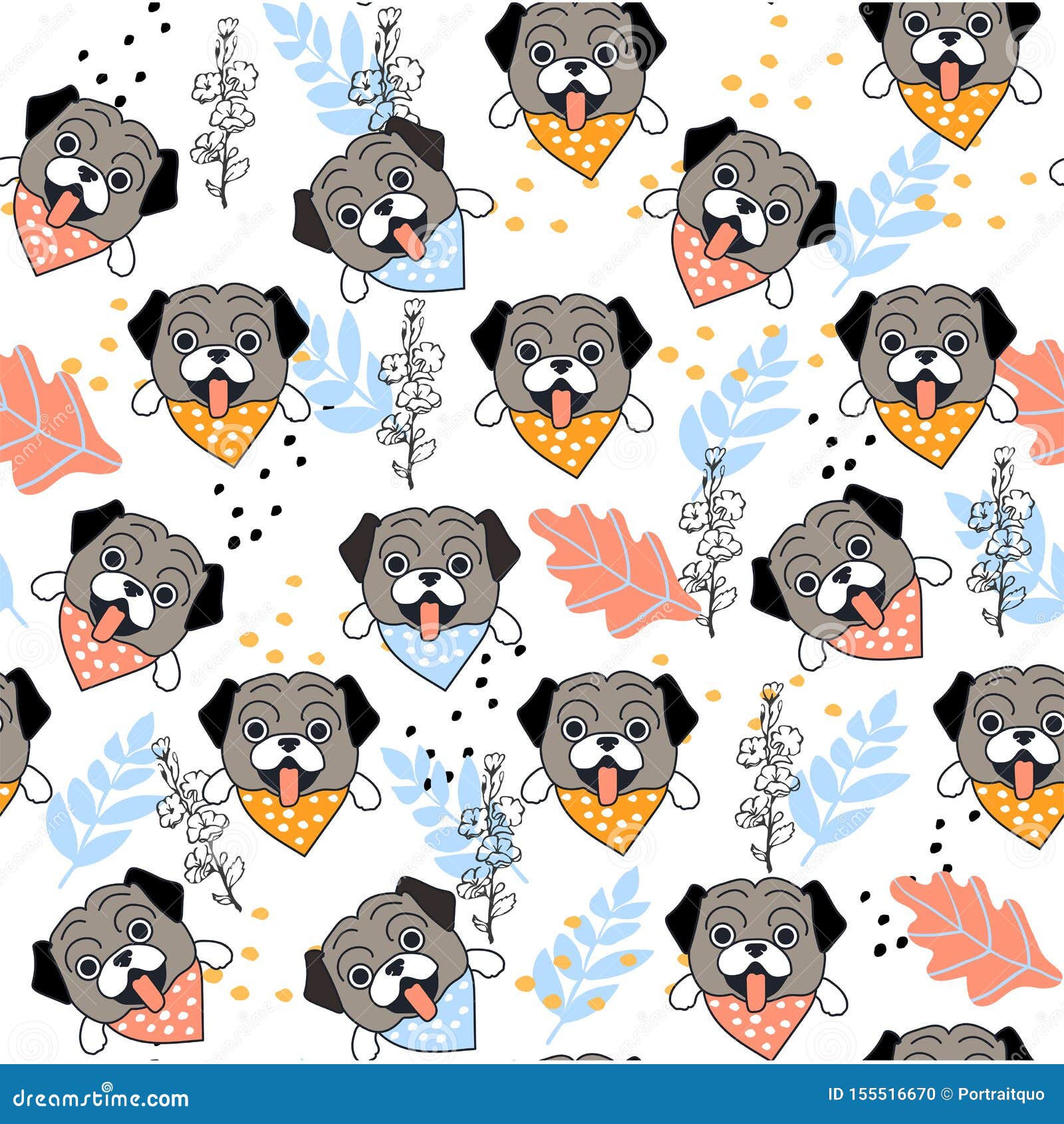 Cute Seamless Pattern with Pug Faces on White Background. Stock ...