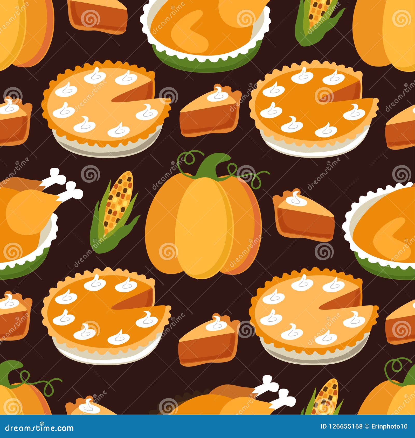 Cute Seamless Pattern with Pumpkin Pie and Turkey Stock Vector - Illustration of baked, holiday ...