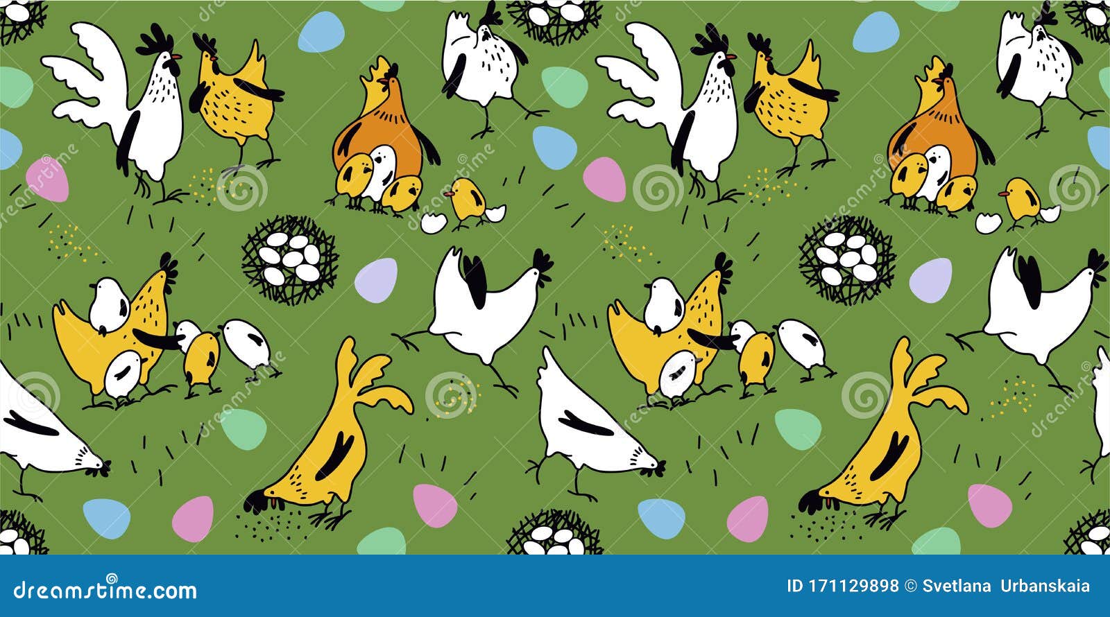Cute Seamless Pattern with Rooster, Hen, Little Chickens and Scattered ...