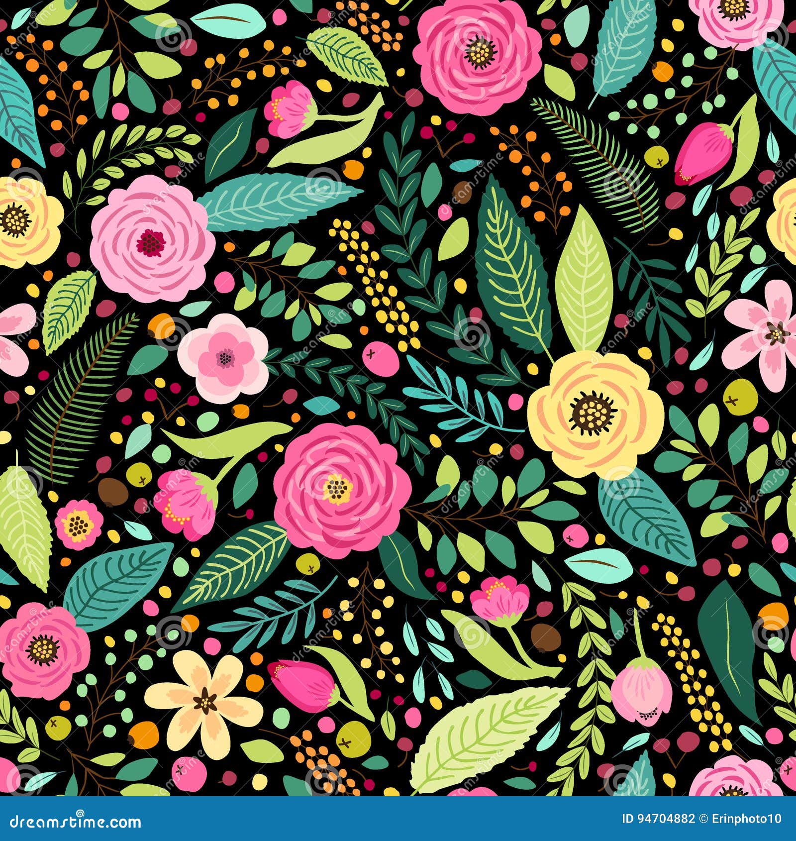 Cute Seamless Pattern with Rustic Hand Drawn First Spring Flowers Stock ...