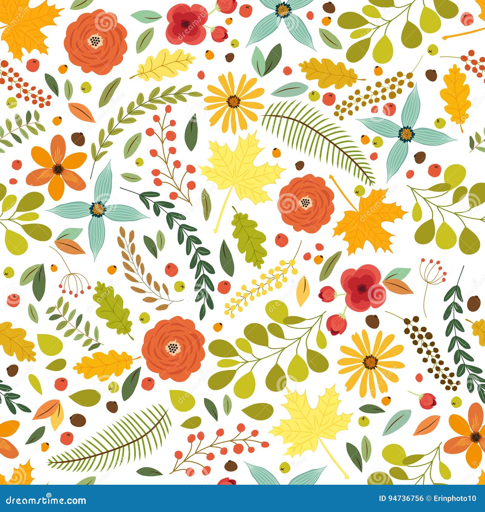 Cute Seamless Pattern with Rustic Hand Drawn Nature Elements in ...