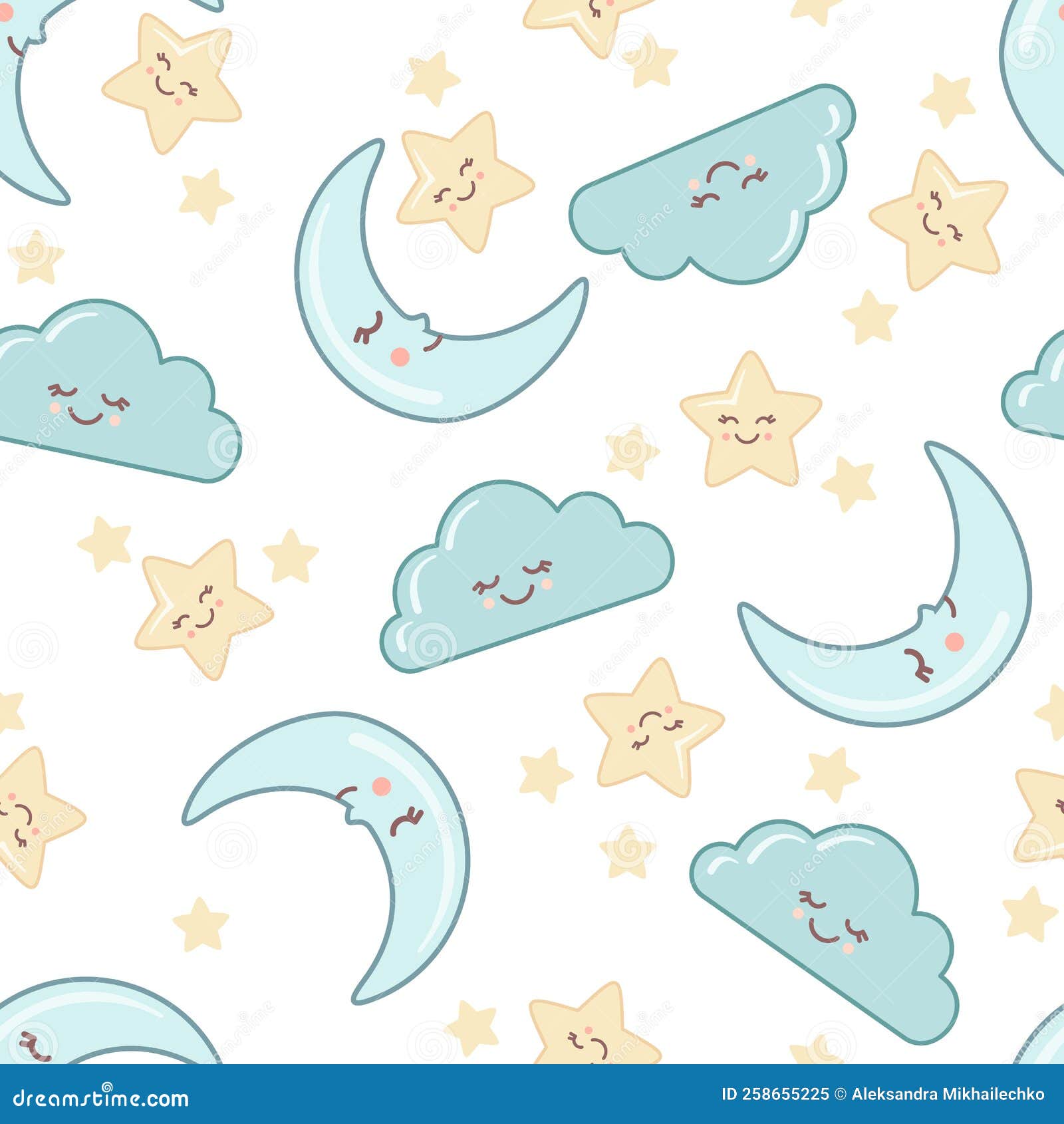 Cute Seamless Pattern of Sky with Kawaii Faces Isolated on White ...