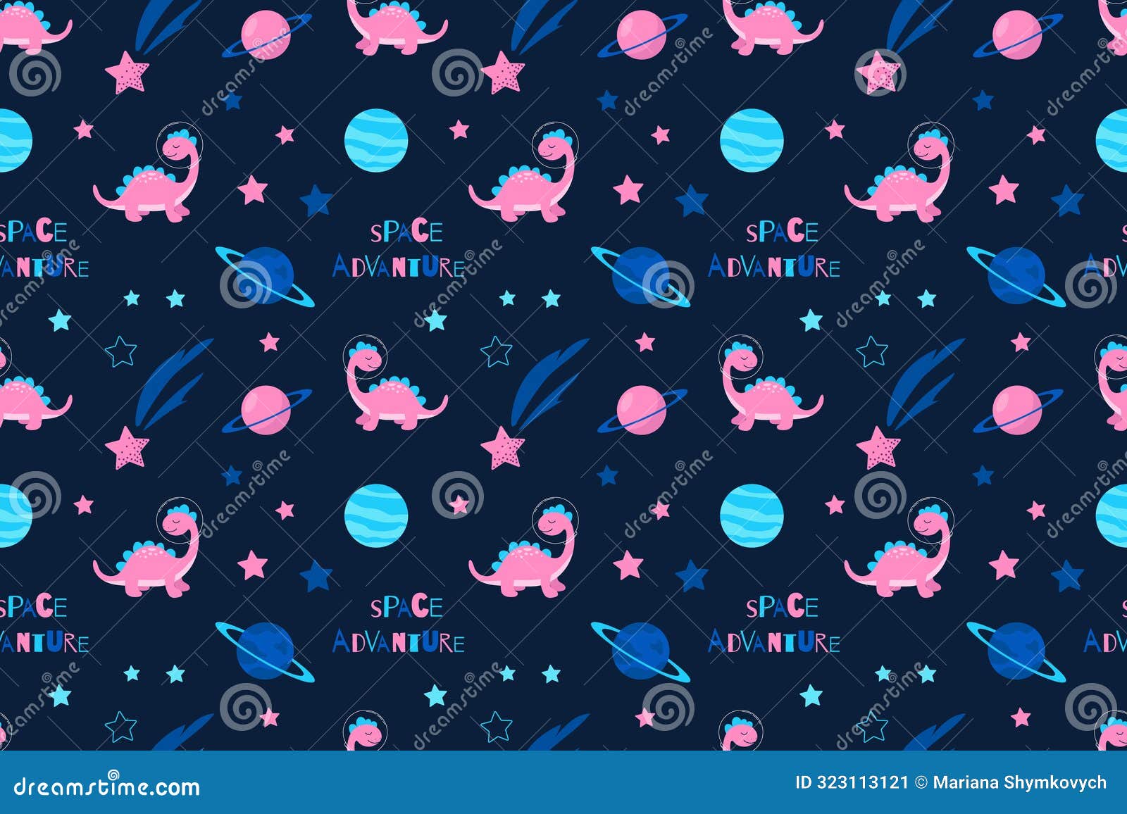 Cute Seamless Pattern with Space Dinosaur and Space and Planets for ...