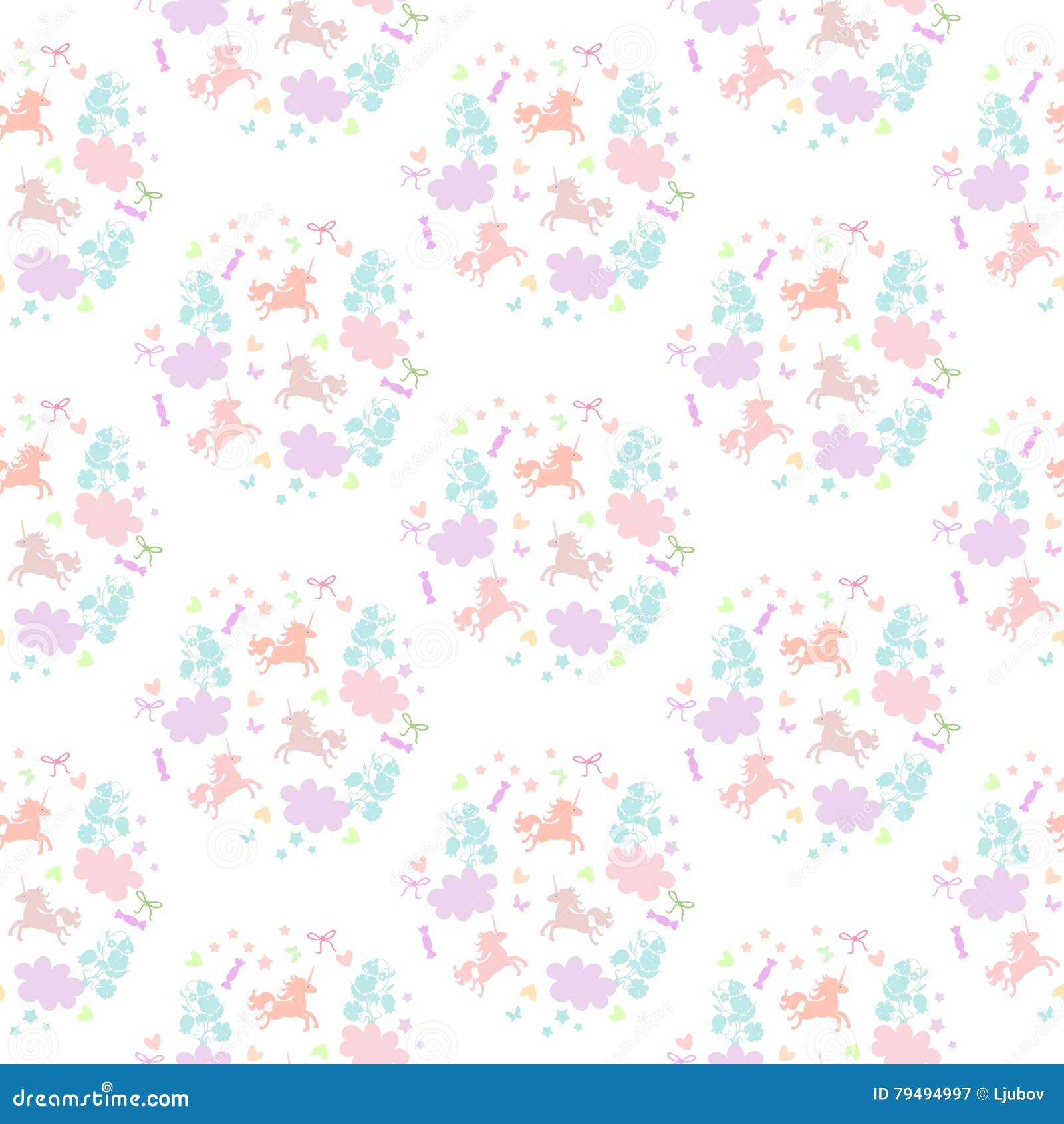 Cute Seamless Pattern With Unicorns Flowers Clouds Stars Hearts And