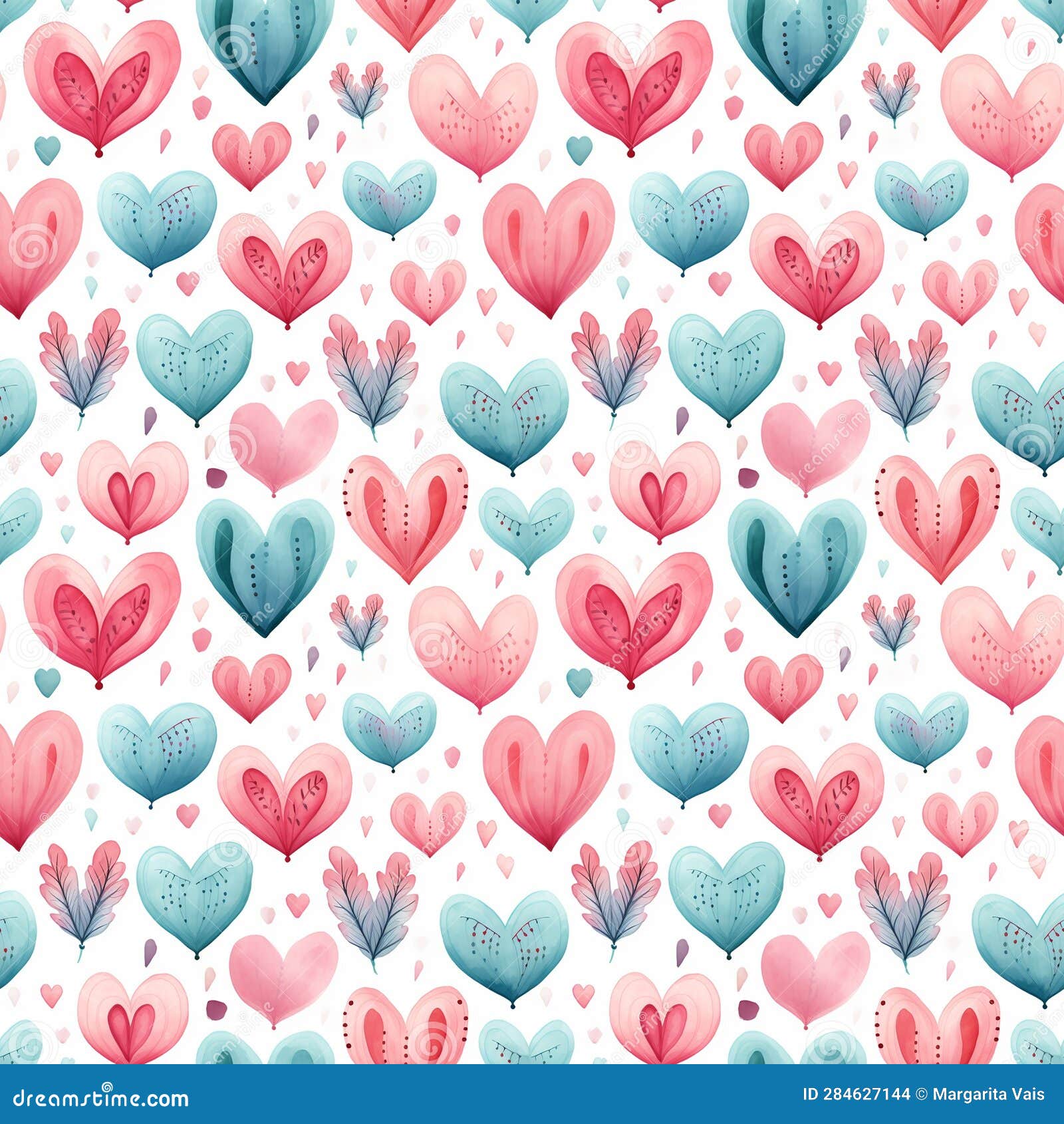 Cute Seamless Pattern of Watercolor Light Blue and Pink Hearts Stock ...