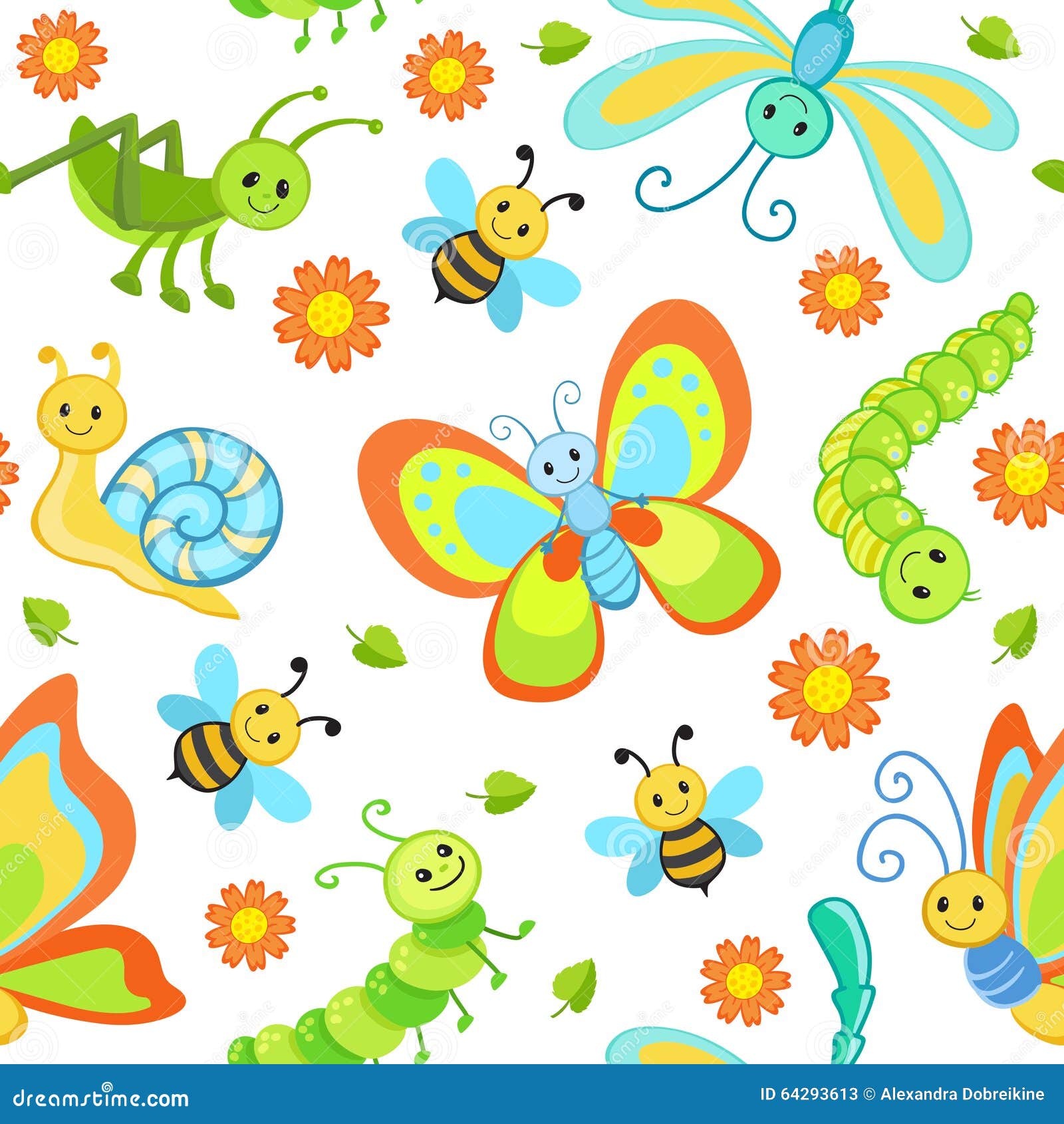 Cute Seamless Patterns with Cartoon Happy Insects. Stock Vector ...