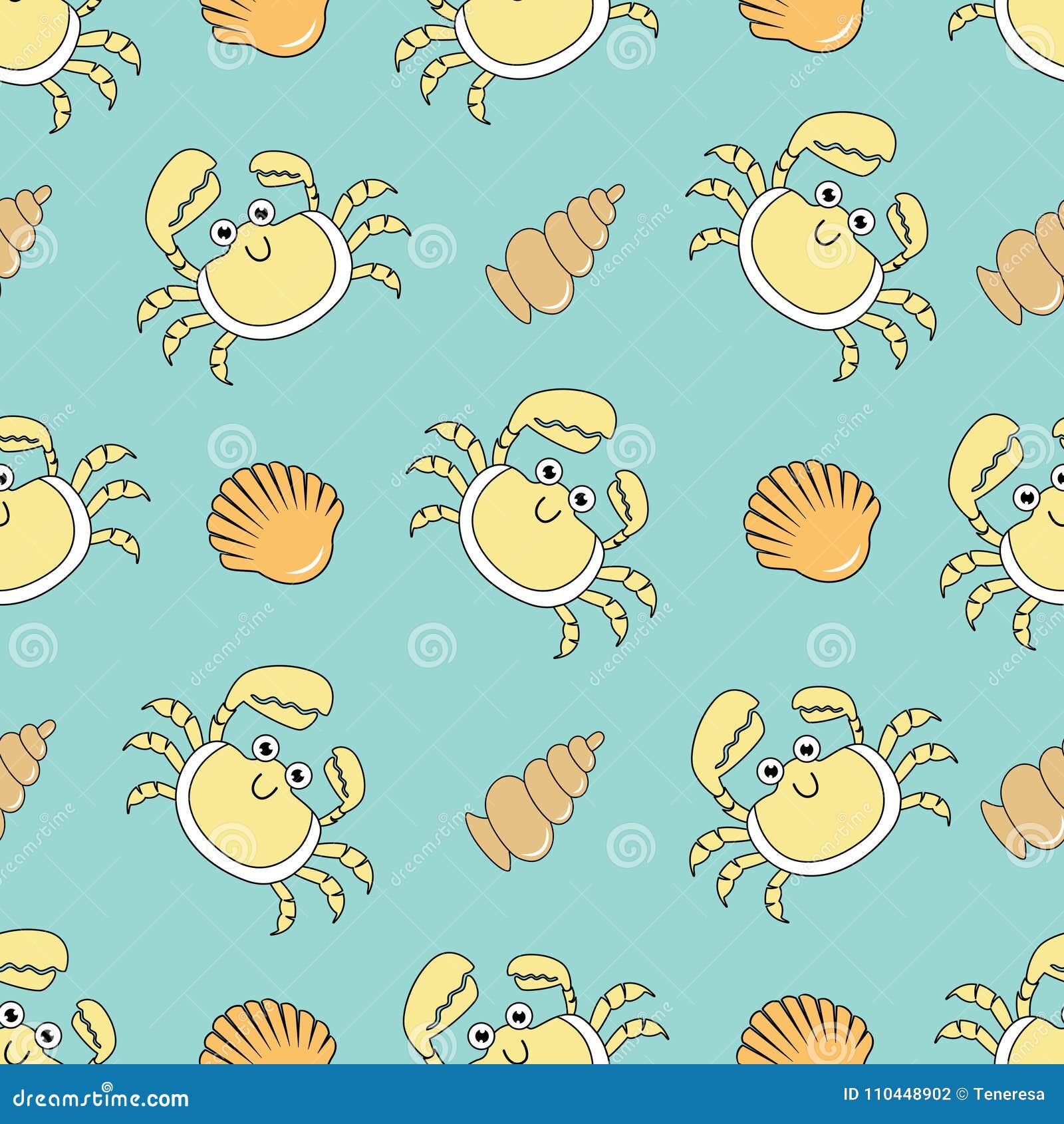 Cute Seamless Patterns with Crab and Shells Stock Vector - Illustration ...
