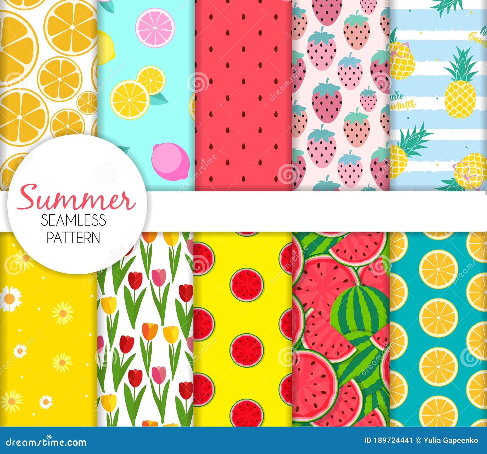Cute Seamless Summer Pattern Collection Set Vector Illustration Stock ...